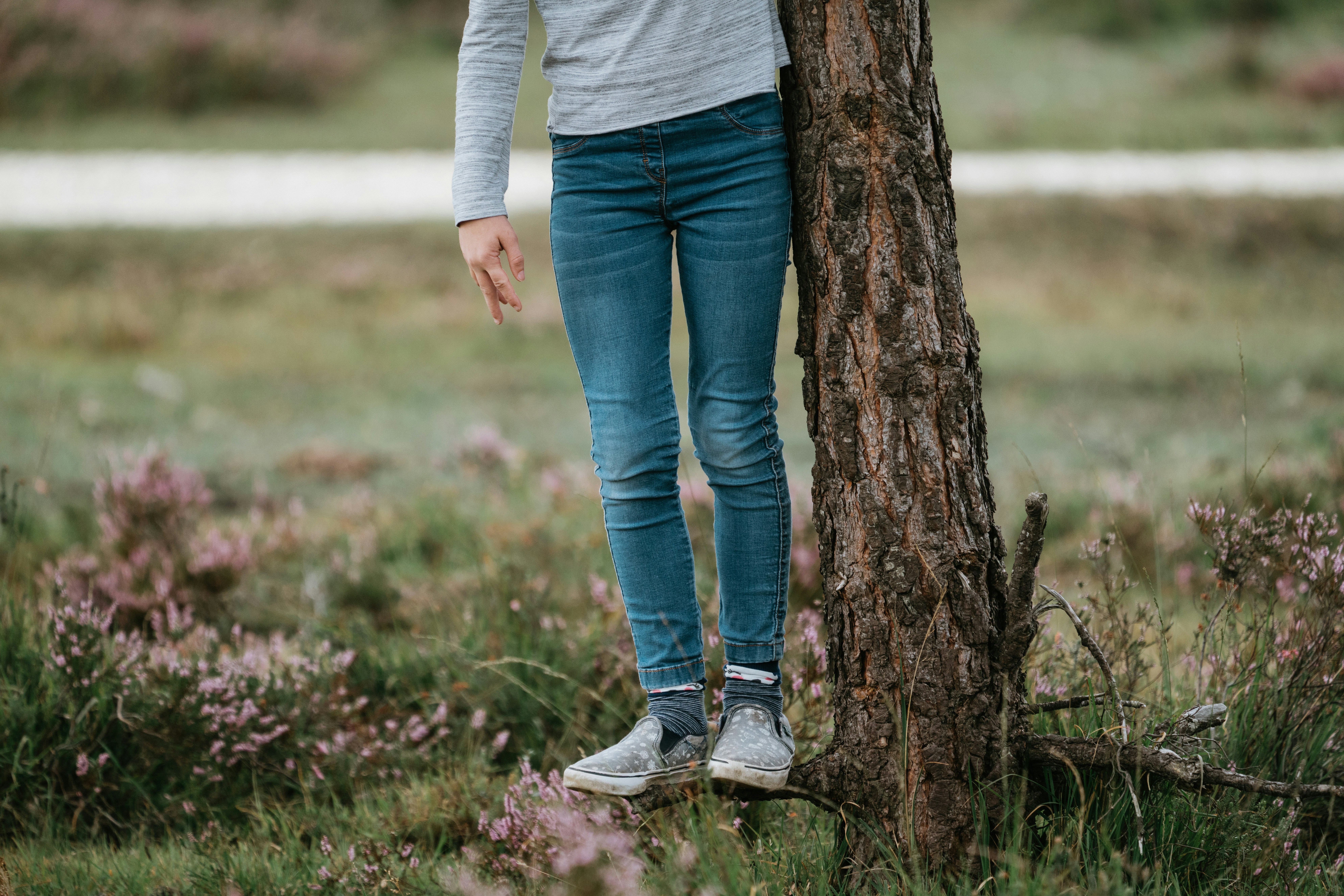 A person stands beside a tree, partially obscured, with vibrant heather in the foreground. The scene captures a moment of connection with nature.