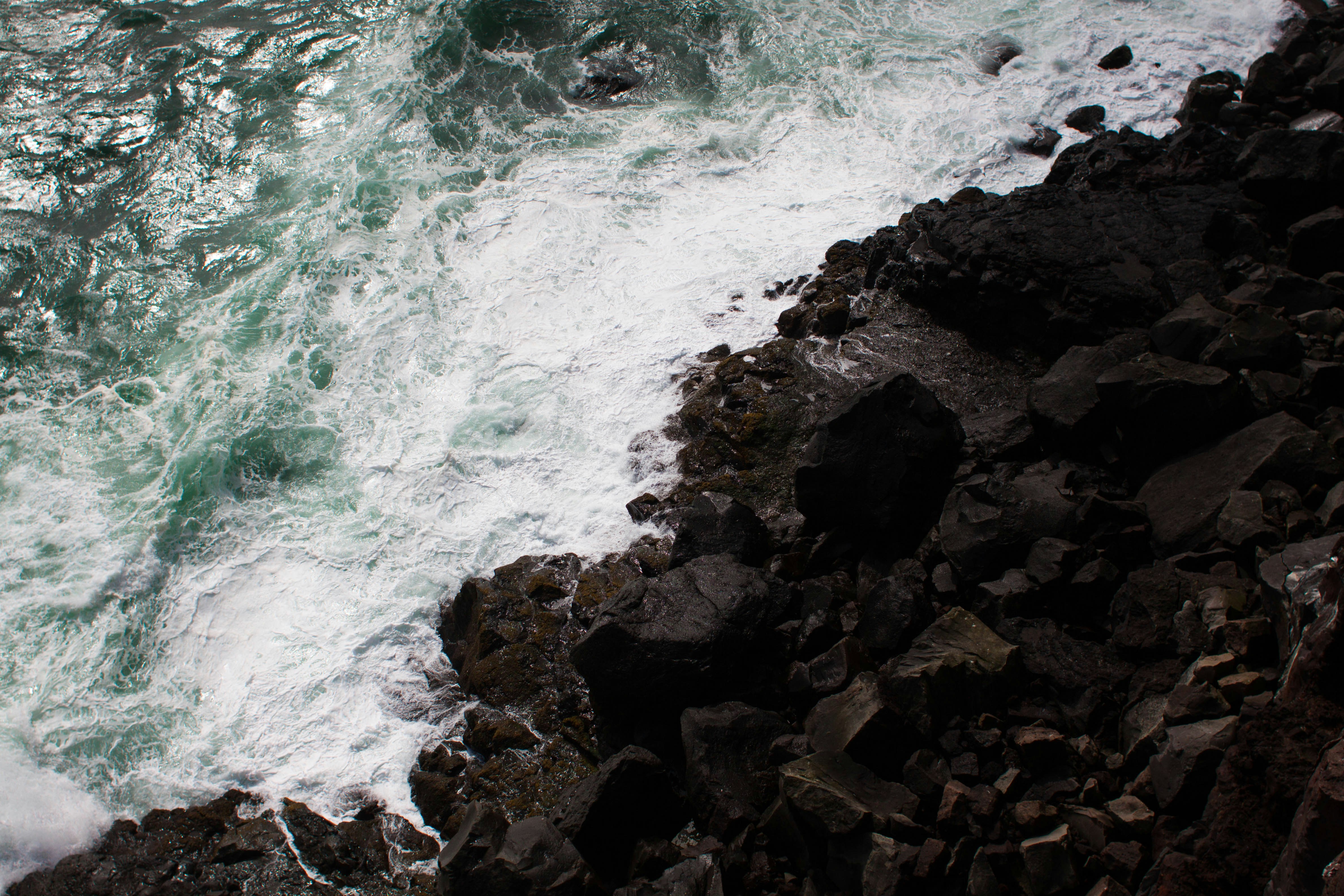Person standing on rocky cliff facing body of water photo – Free ...