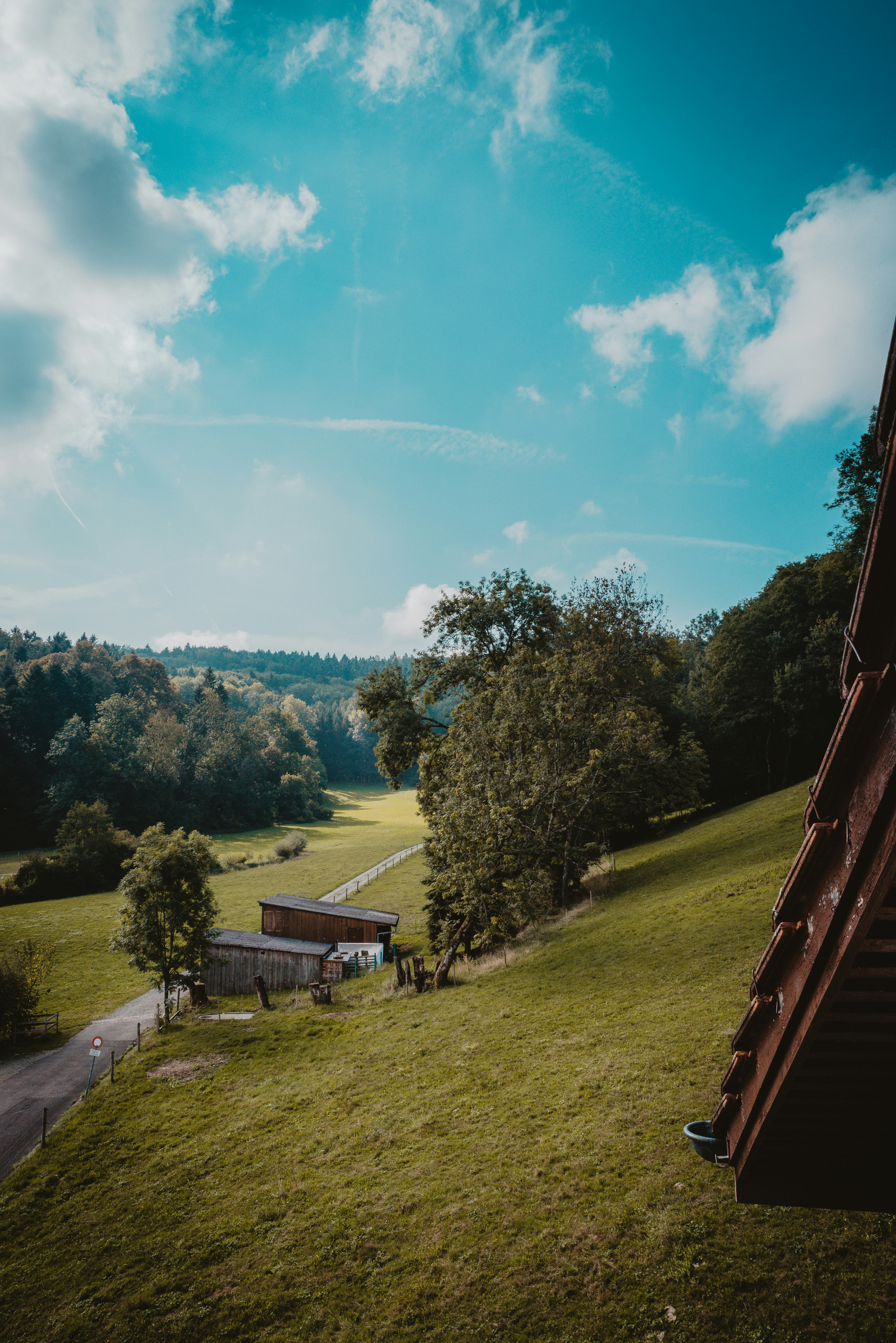 Lush green valley with a winding path leading through trees and buildings under a bright blue sky with scattered clouds.