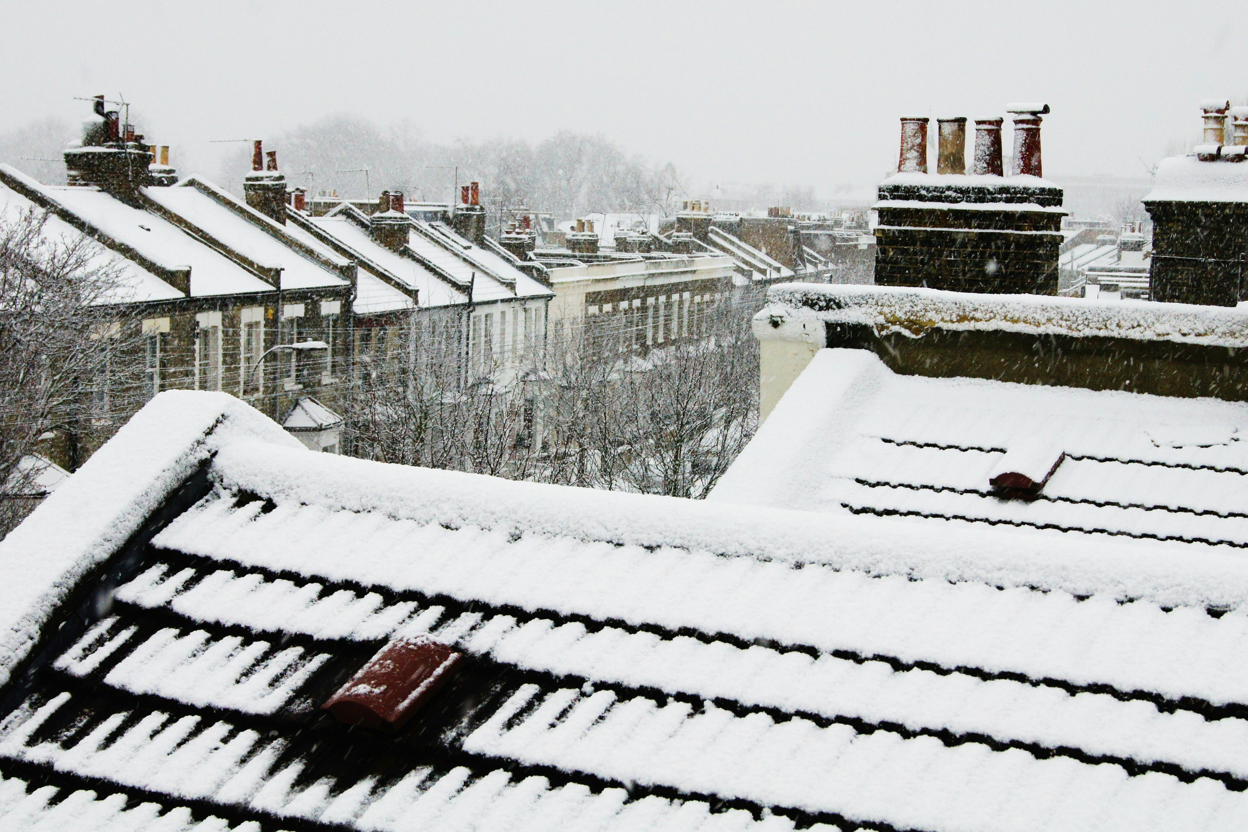 Snow blankets rooftops in a quaint neighborhood, creating a serene winter landscape with chimney stacks peeking through the flurry.