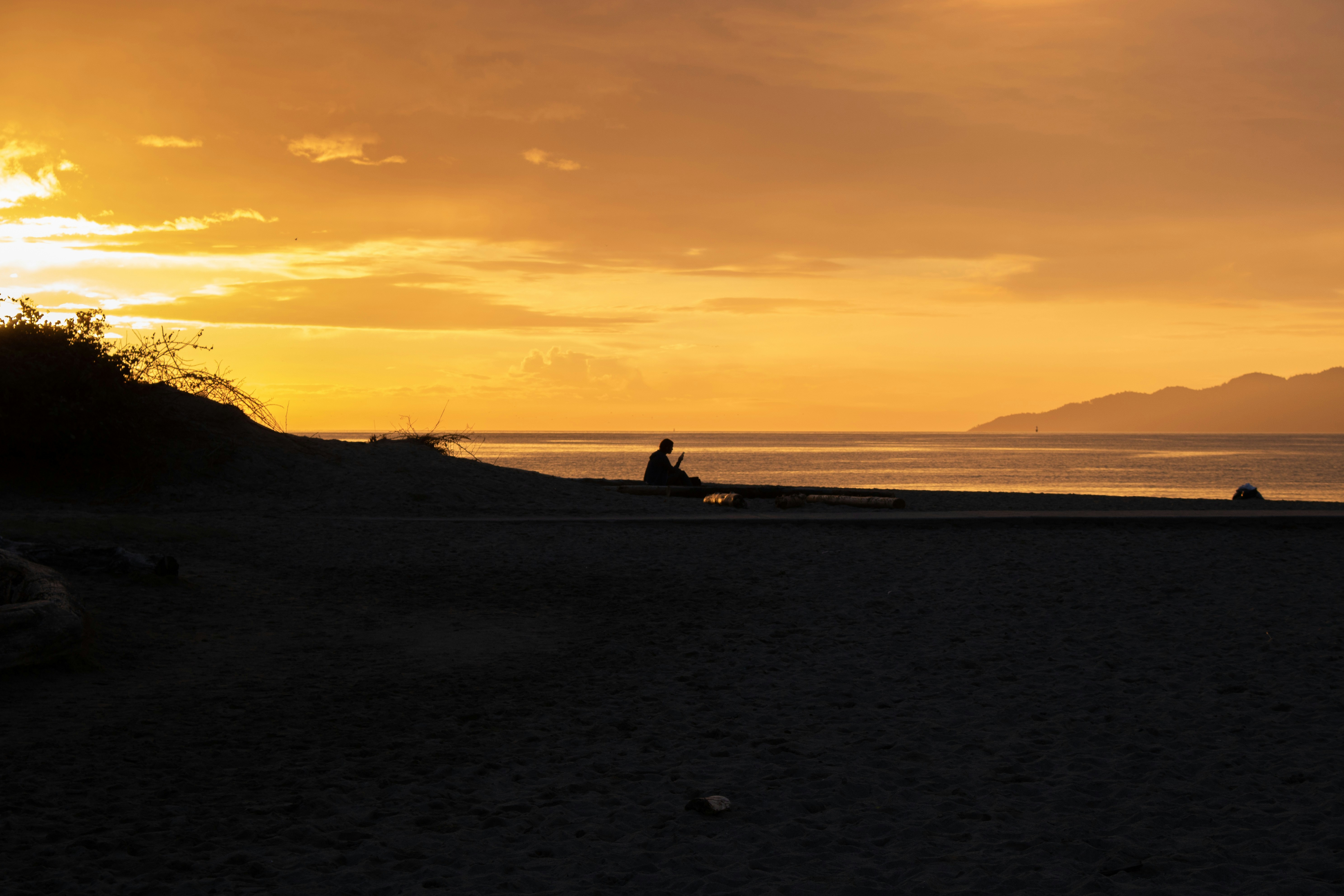 Solitary Silhouette at Dusk, a Sunset-Burnished Seashore