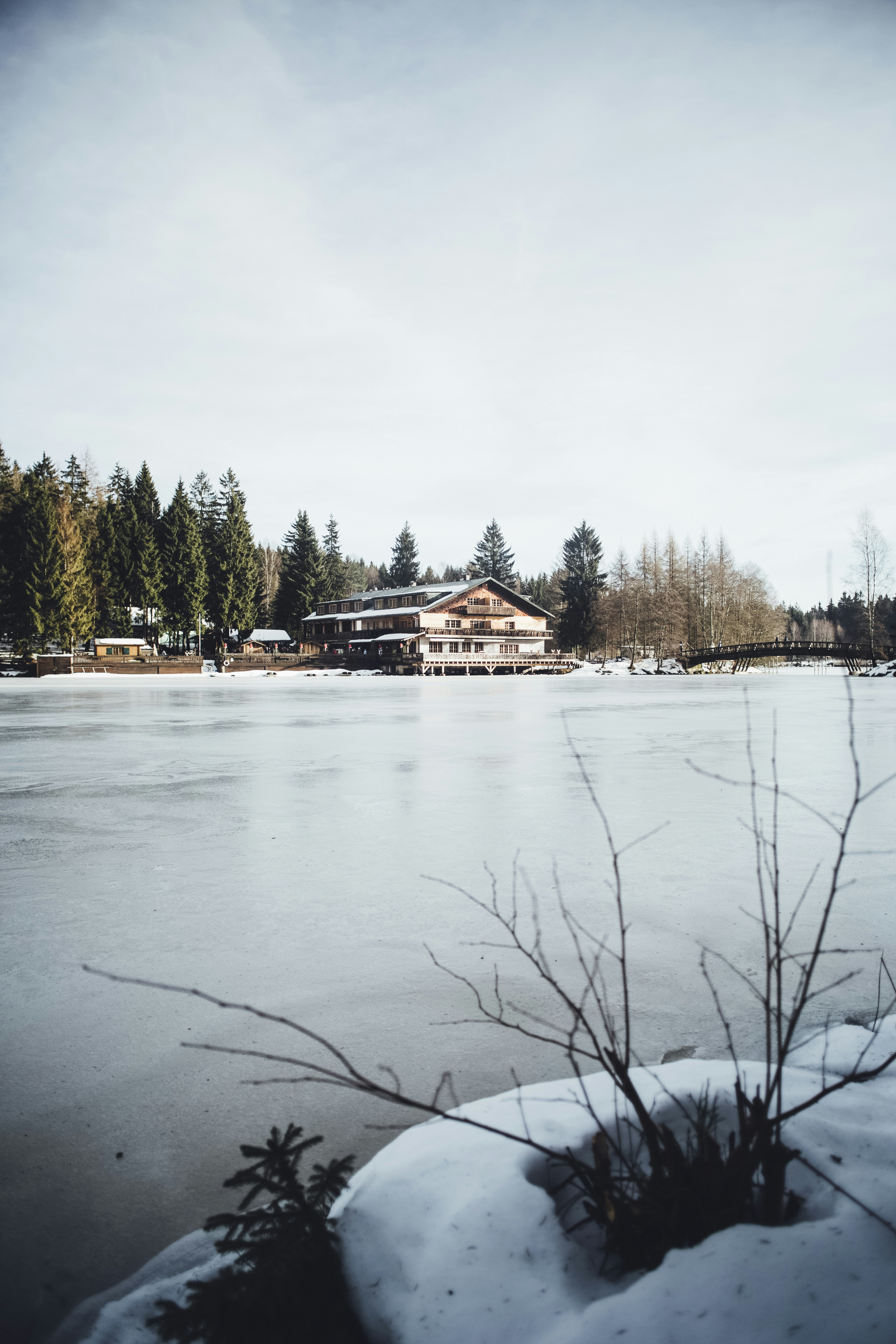Snow-covered landscape with a rustic lodge by a frozen lake, surrounded by evergreen trees. Tranquil winter scene.