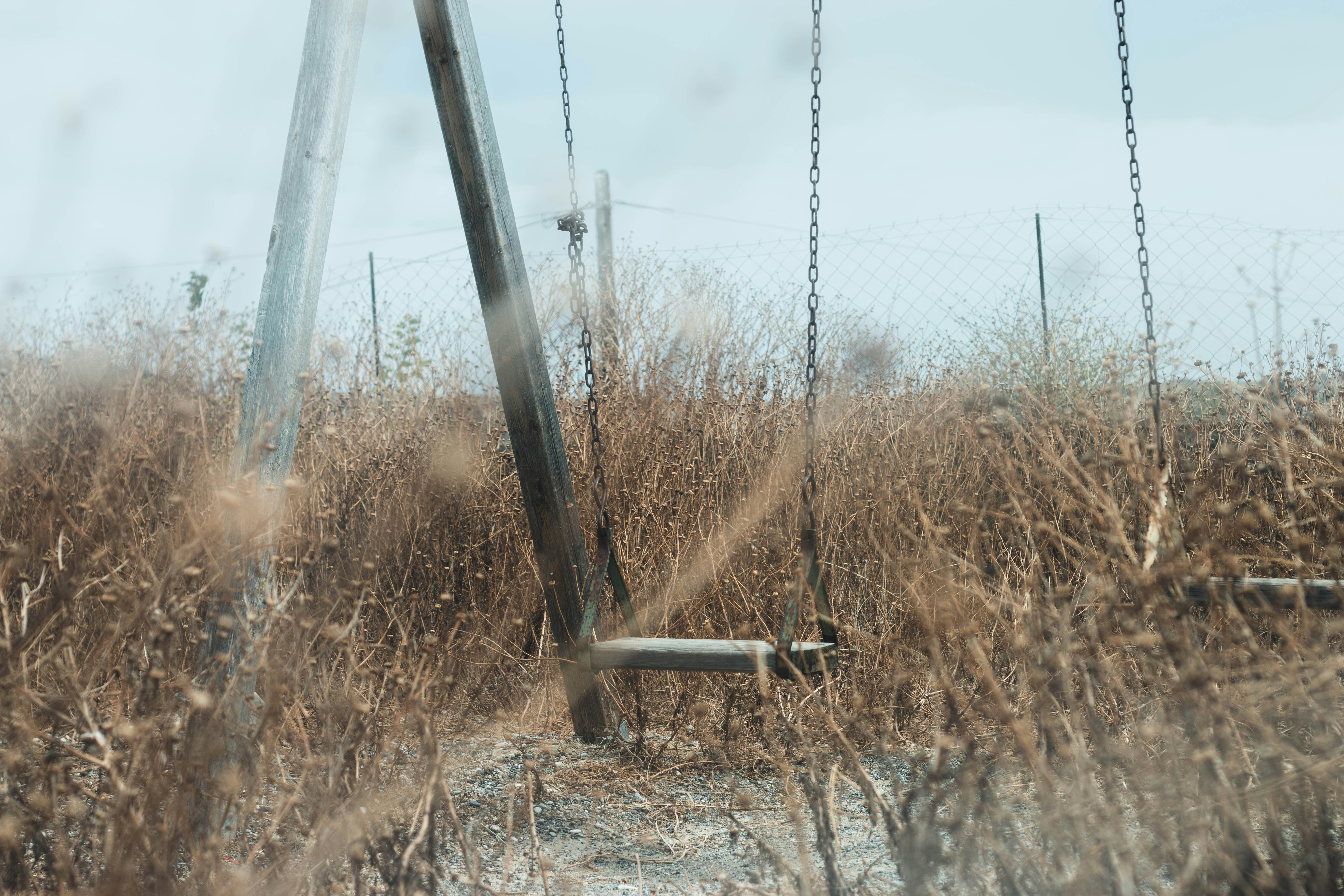 Leaning Swing Framed by Dry Grass and Fences