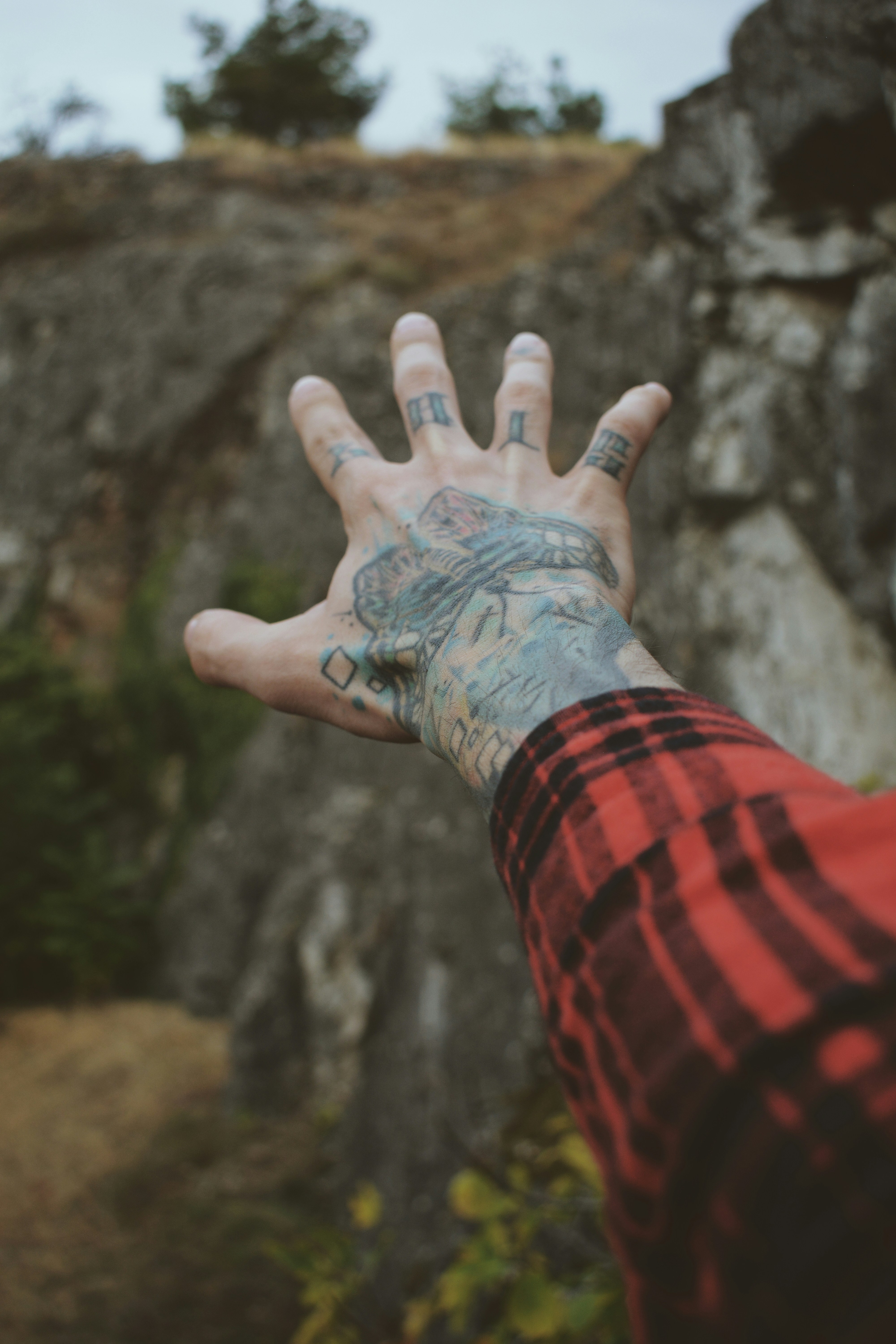 Outstretched Ink: Tattooed Hand Reaching Toward a Weathered Cliff