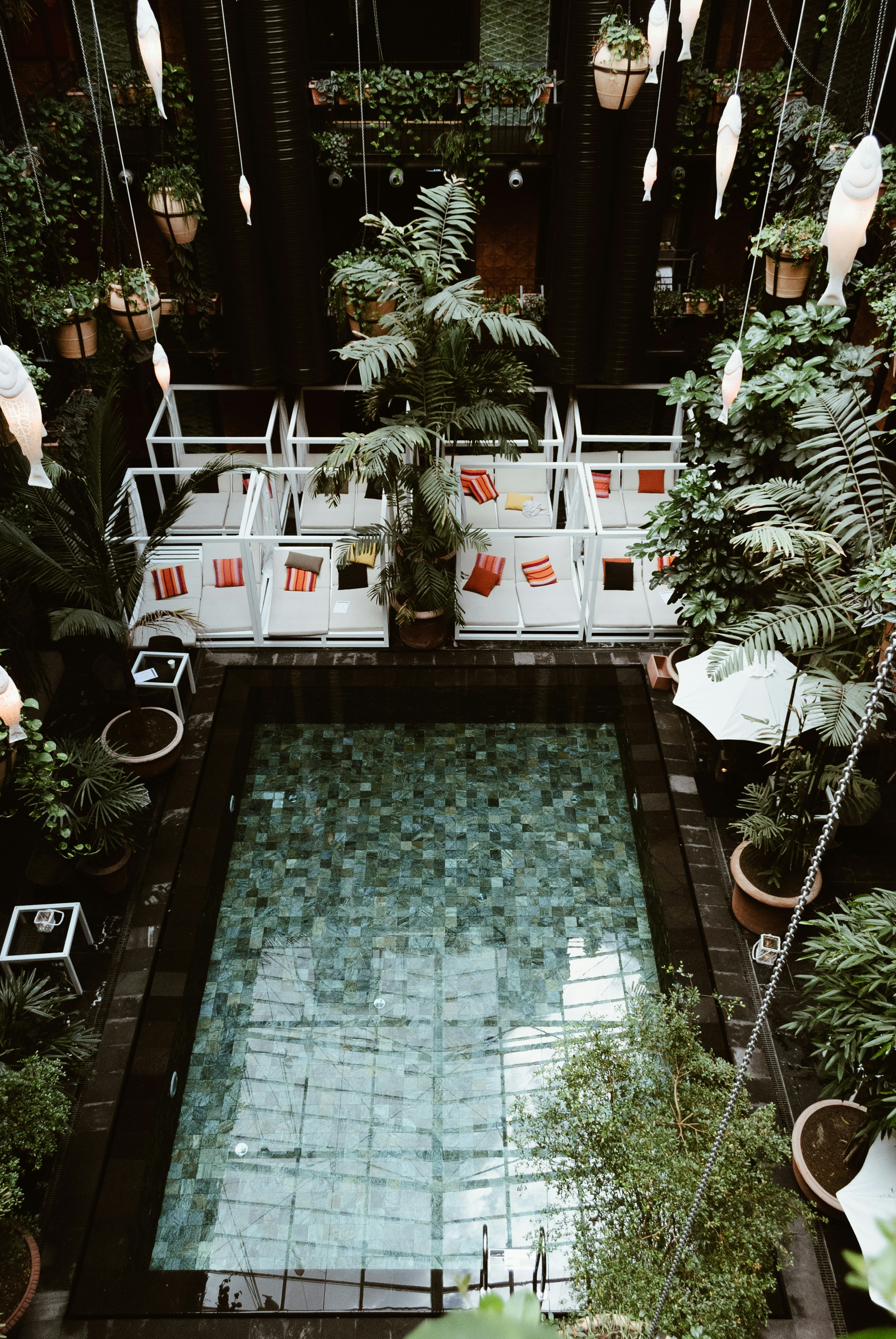 A tranquil indoor pool surrounded by vibrant plants and stylish seating, creating a relaxing atmosphere. Ideal for unwinding in a modern urban setting.