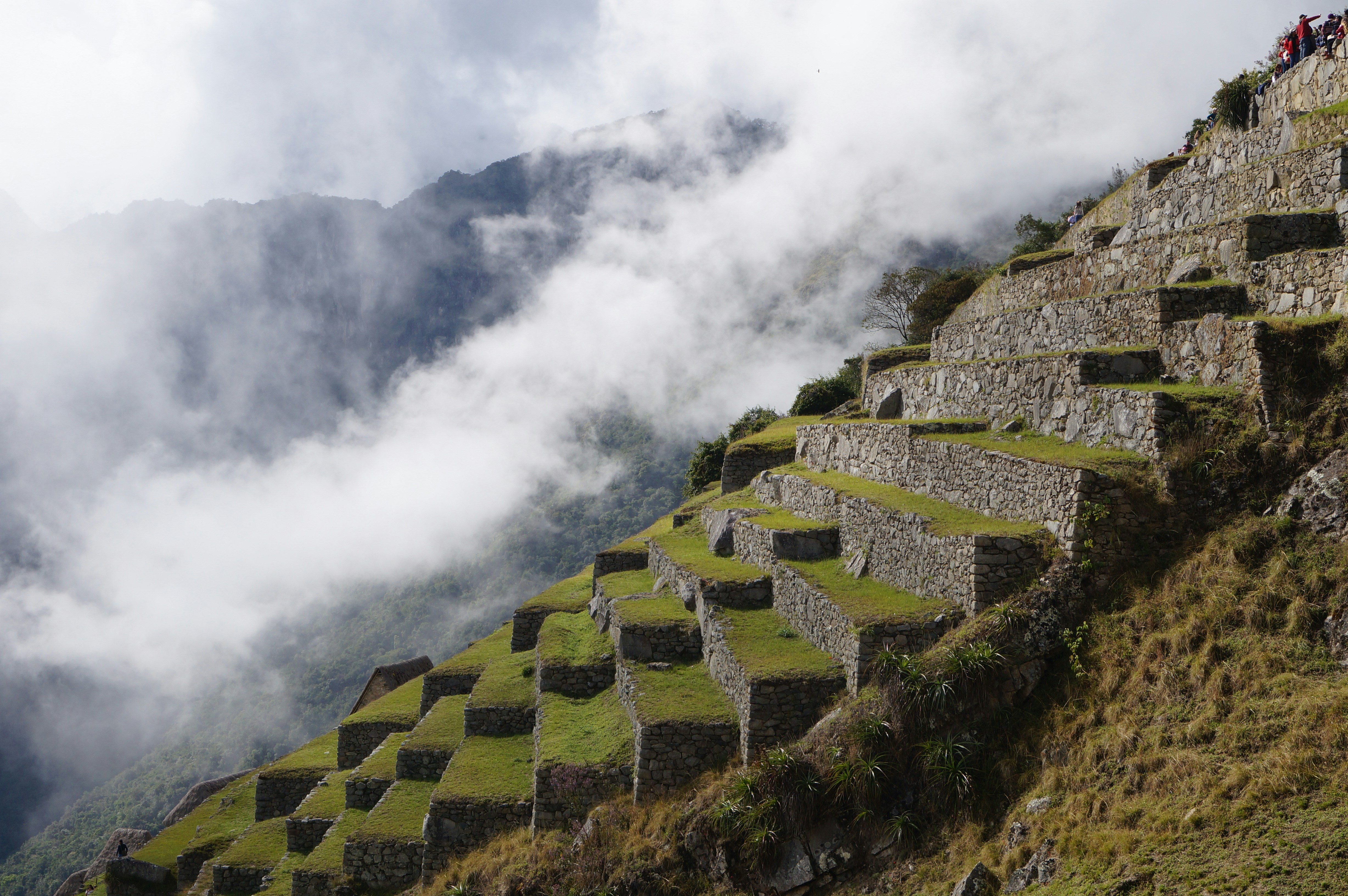 Terraced stone structures of Machu Picchu with misty clouds enveloping the mountainside.