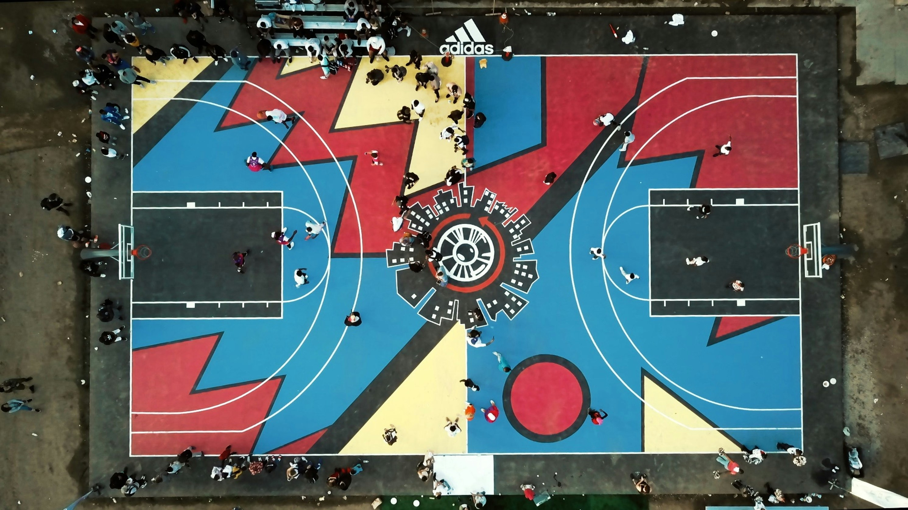 Aerial photography of blue, red, and white basketball court photo ...