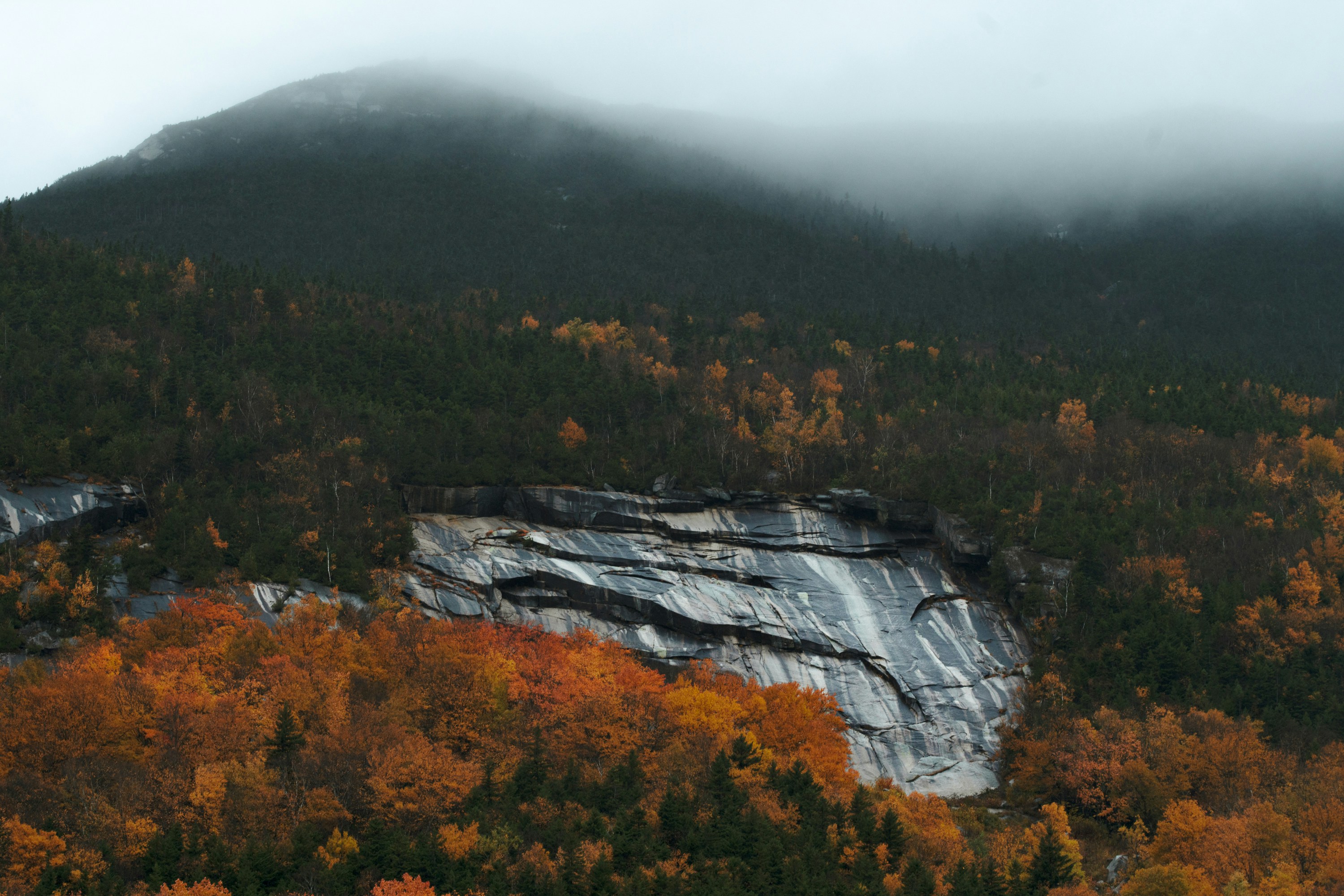 Granite Ribbon Straddling an Autumn-Fire Forest Beneath a Misty Ridge
