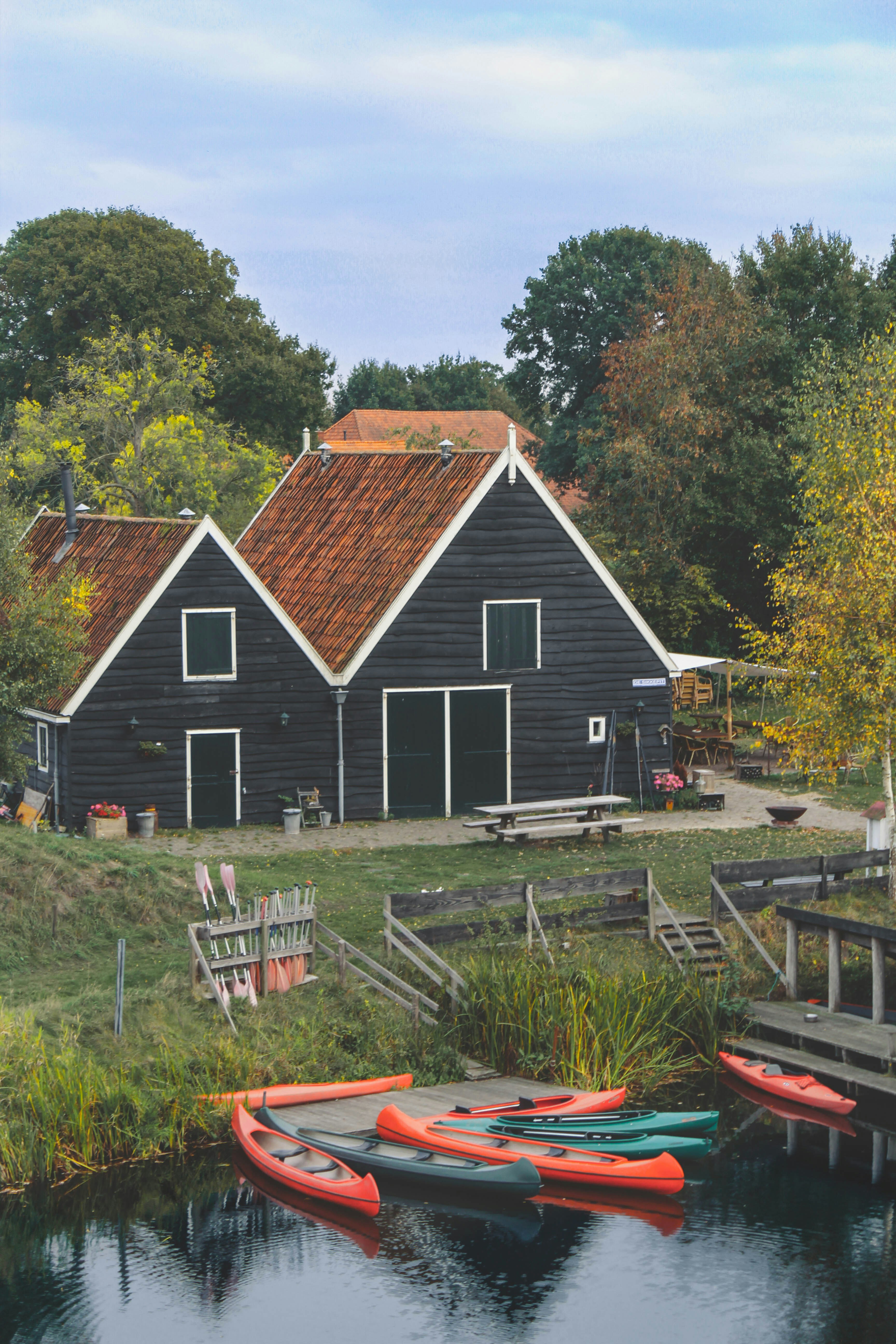 Black Timbered Cottages by the Quiet Canal