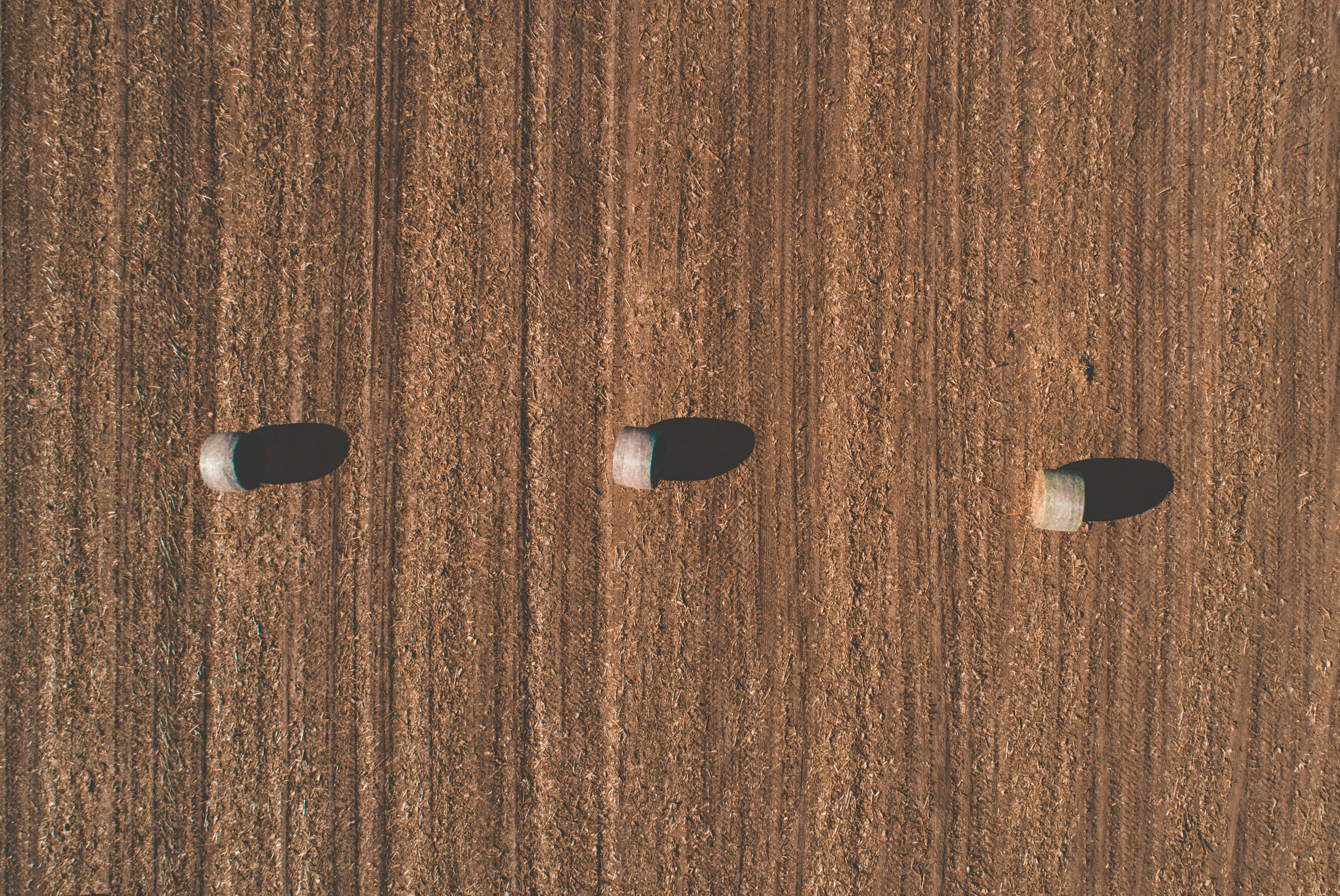 Three cylindrical bales of hay cast long shadows on a textured, earthy landscape, illustrating the harmony between agriculture and nature.