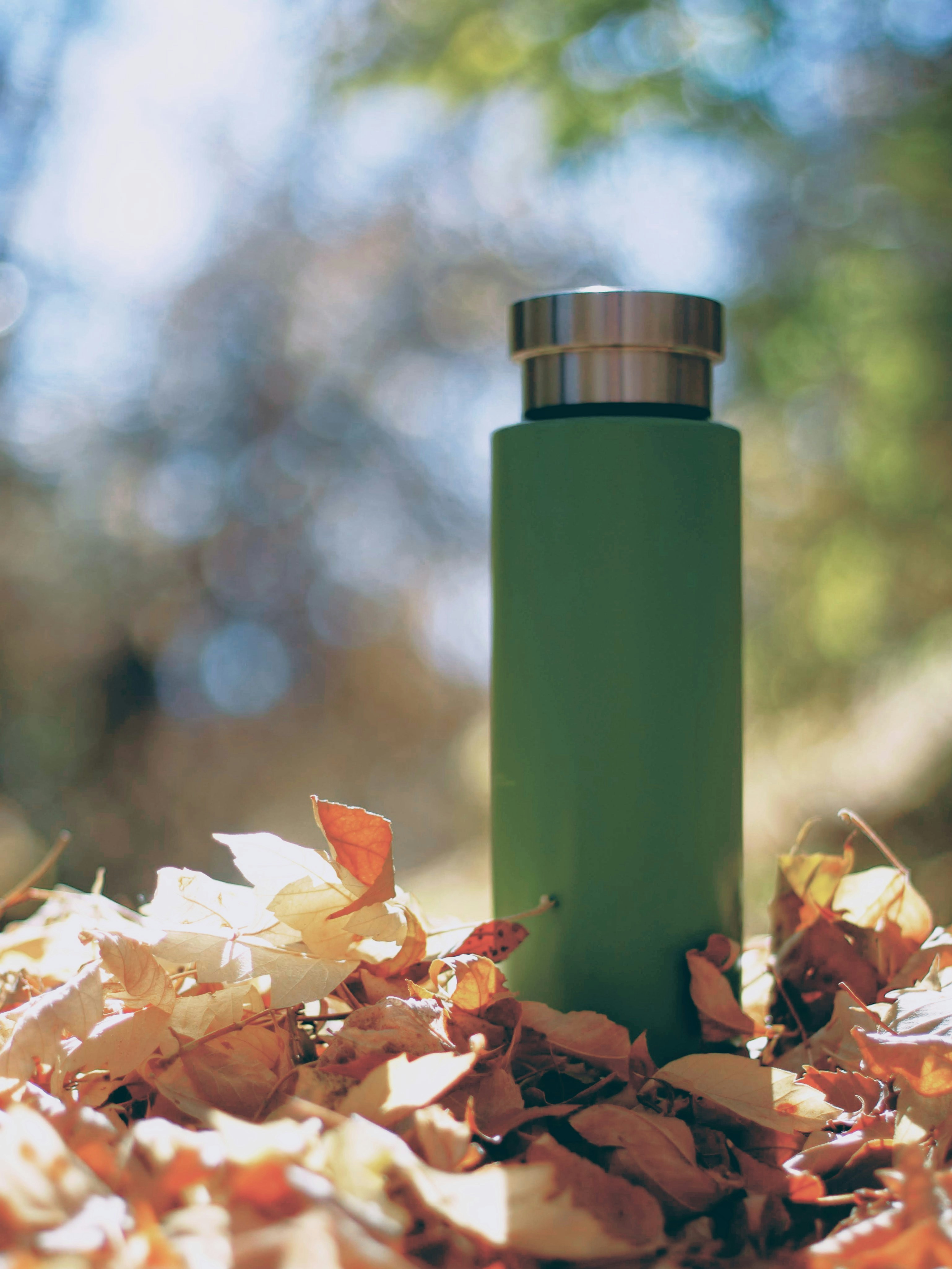 Emerald Thermos Rising Through a Cradle of Autumn Leaves