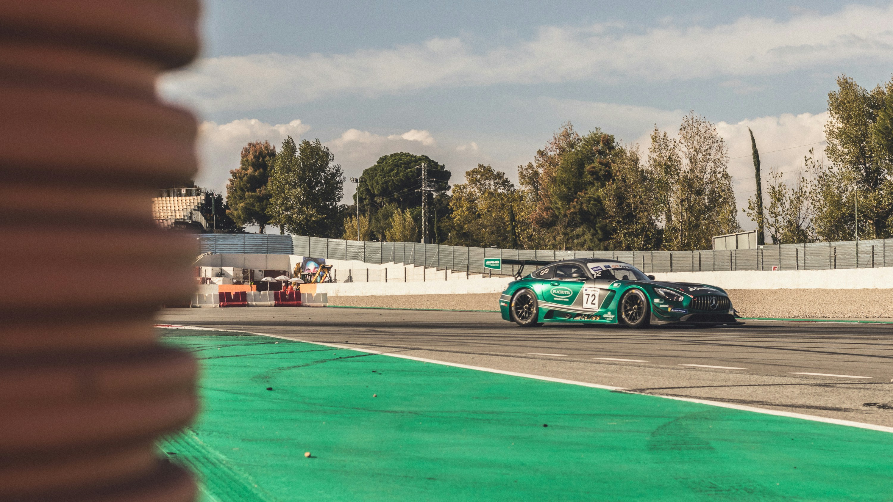 Green race car hugs the green apron on a sunlit circuit