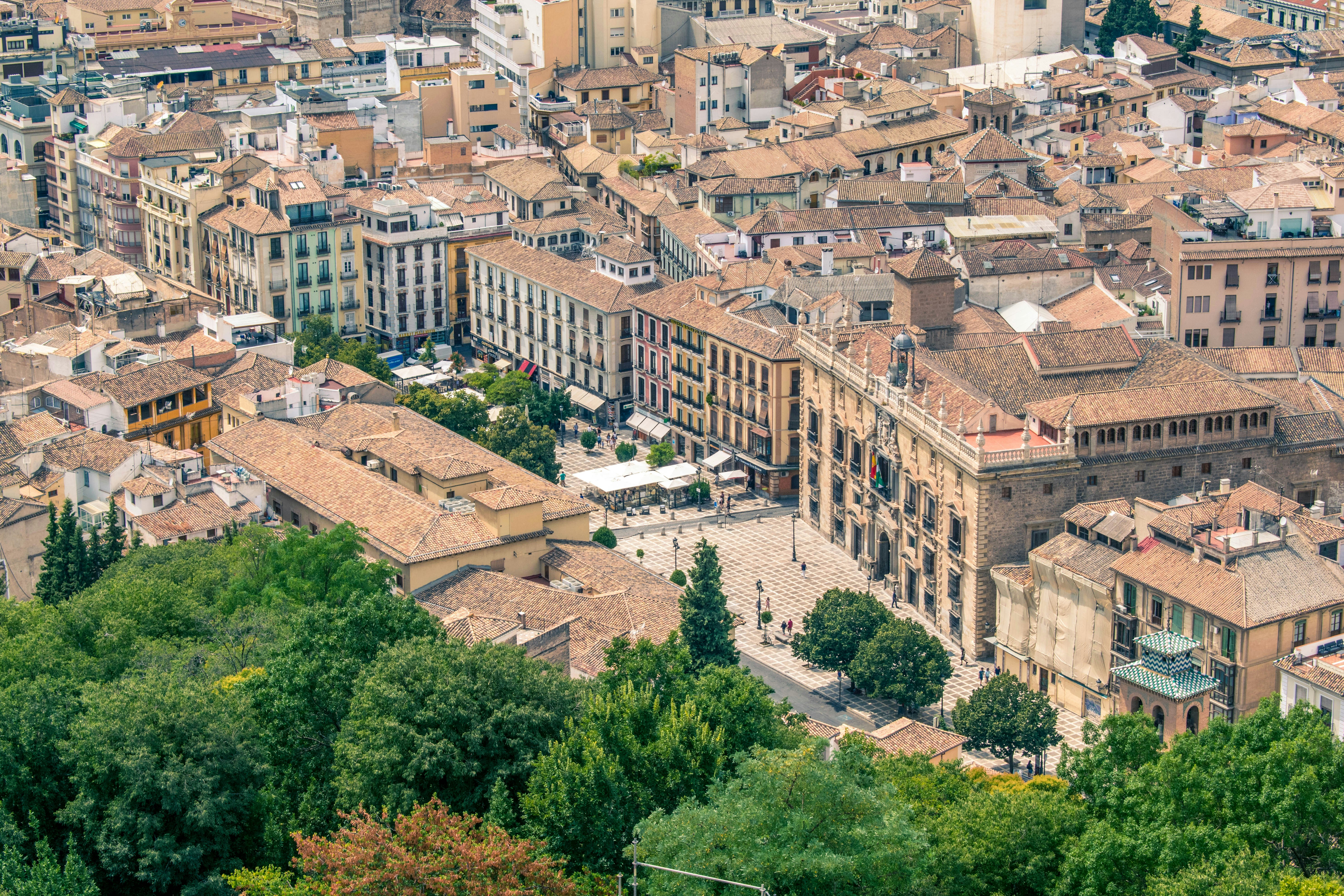 Aerial view of Granada's historic town with intricate rooftop patterns and lush greenery.
