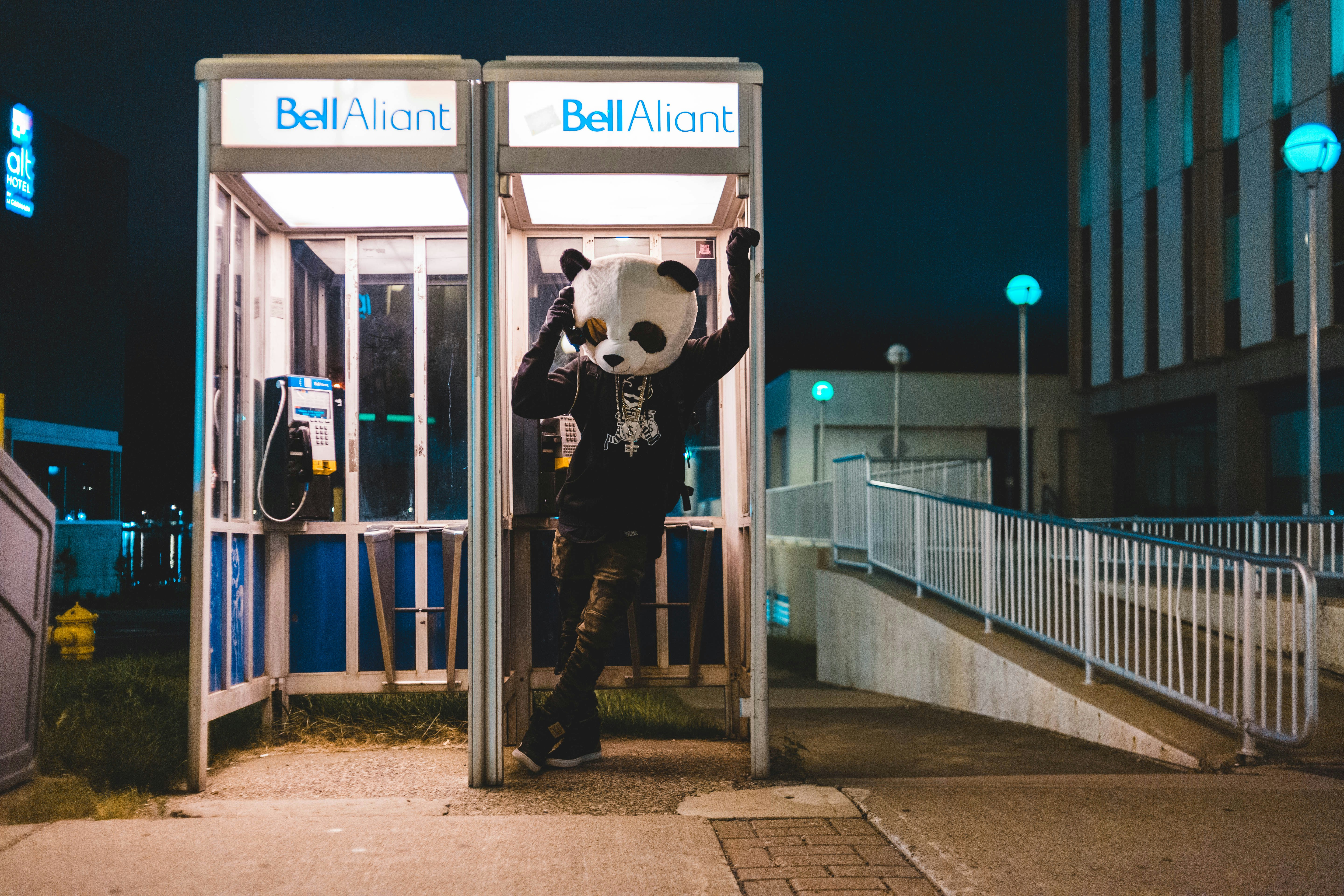 A person wearing a panda head costume leans playfully against a phone booth, illuminated by soft urban lights in the background.