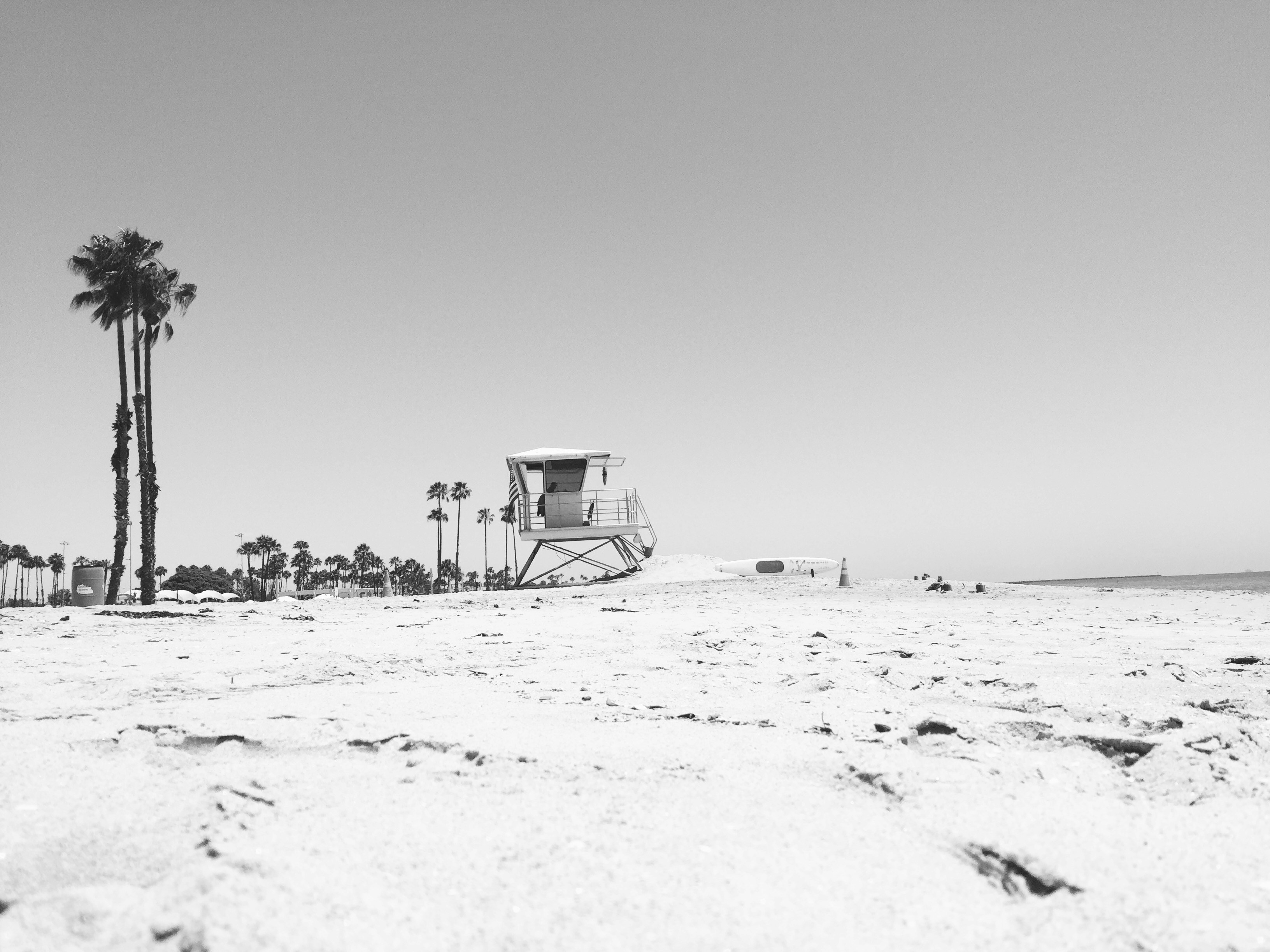 Black and white photo of a lifeguard tower and palm trees on a sandy beach.
