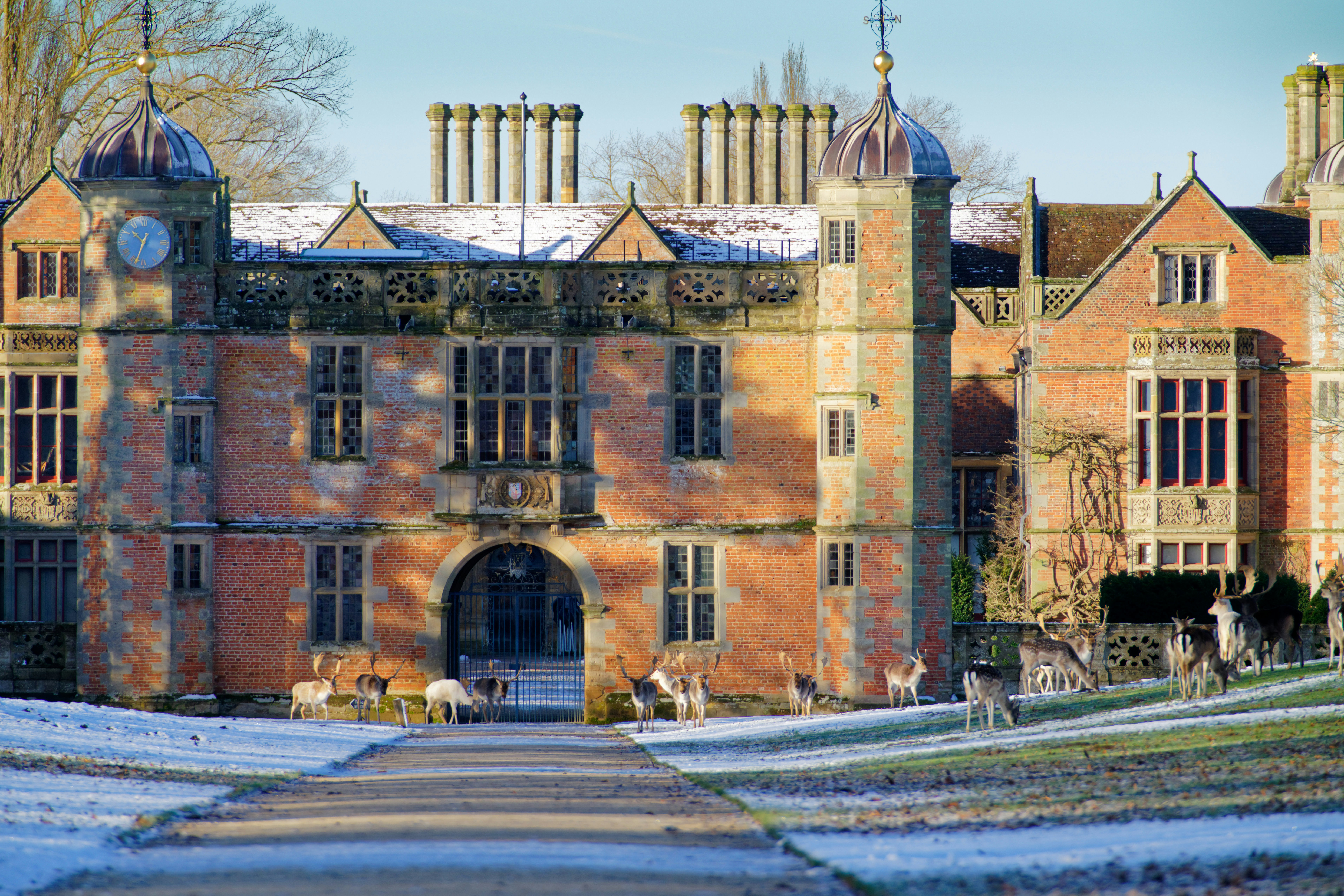Historic manor house framed by a snowy landscape, with deer grazing peacefully in the foreground. The architectural details showcase a blend of grandeur and nature.