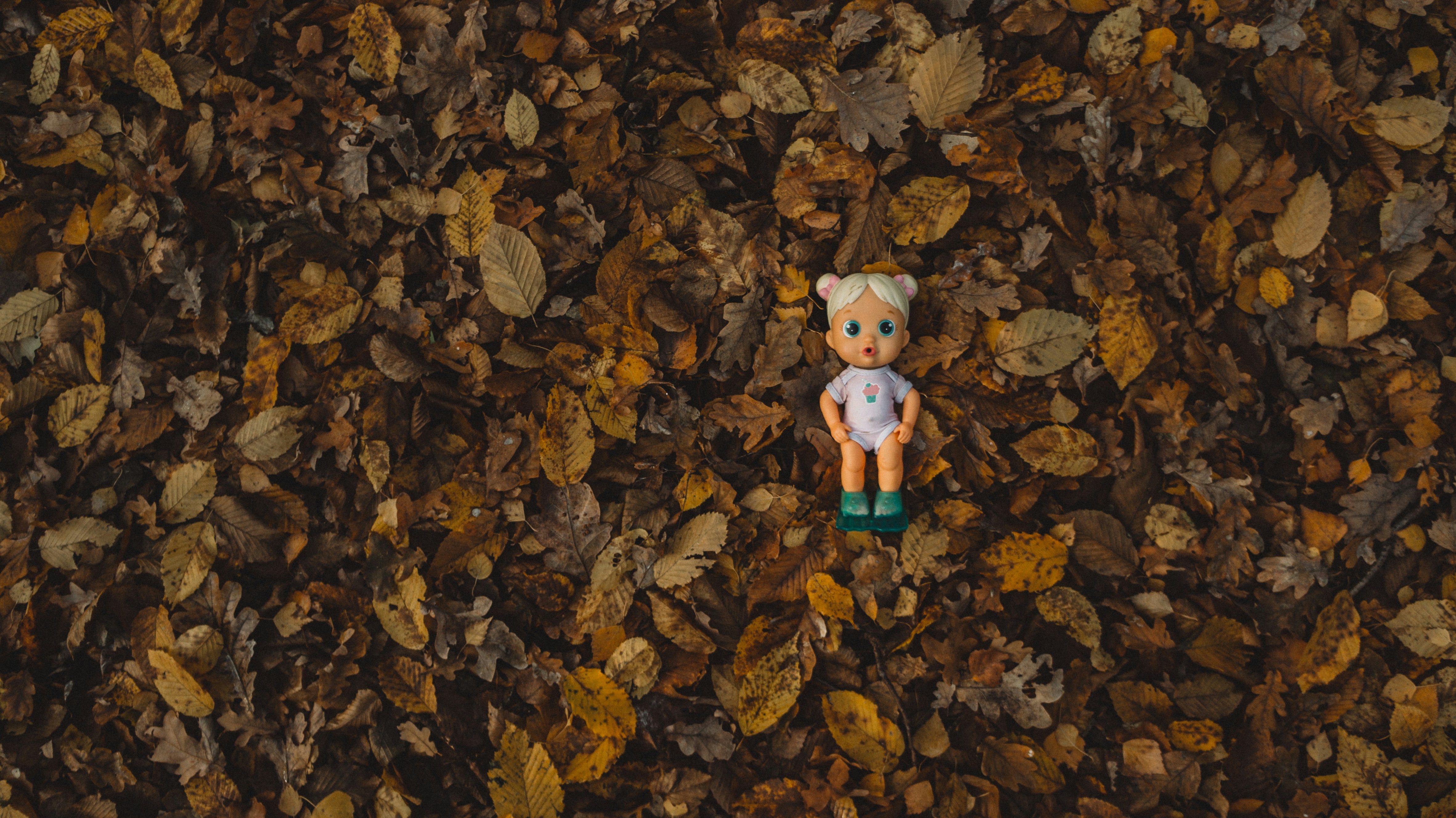 A vintage doll rests amidst a carpet of dried autumn leaves, creating a nostalgic scene that contrasts innocence with nature's decay.