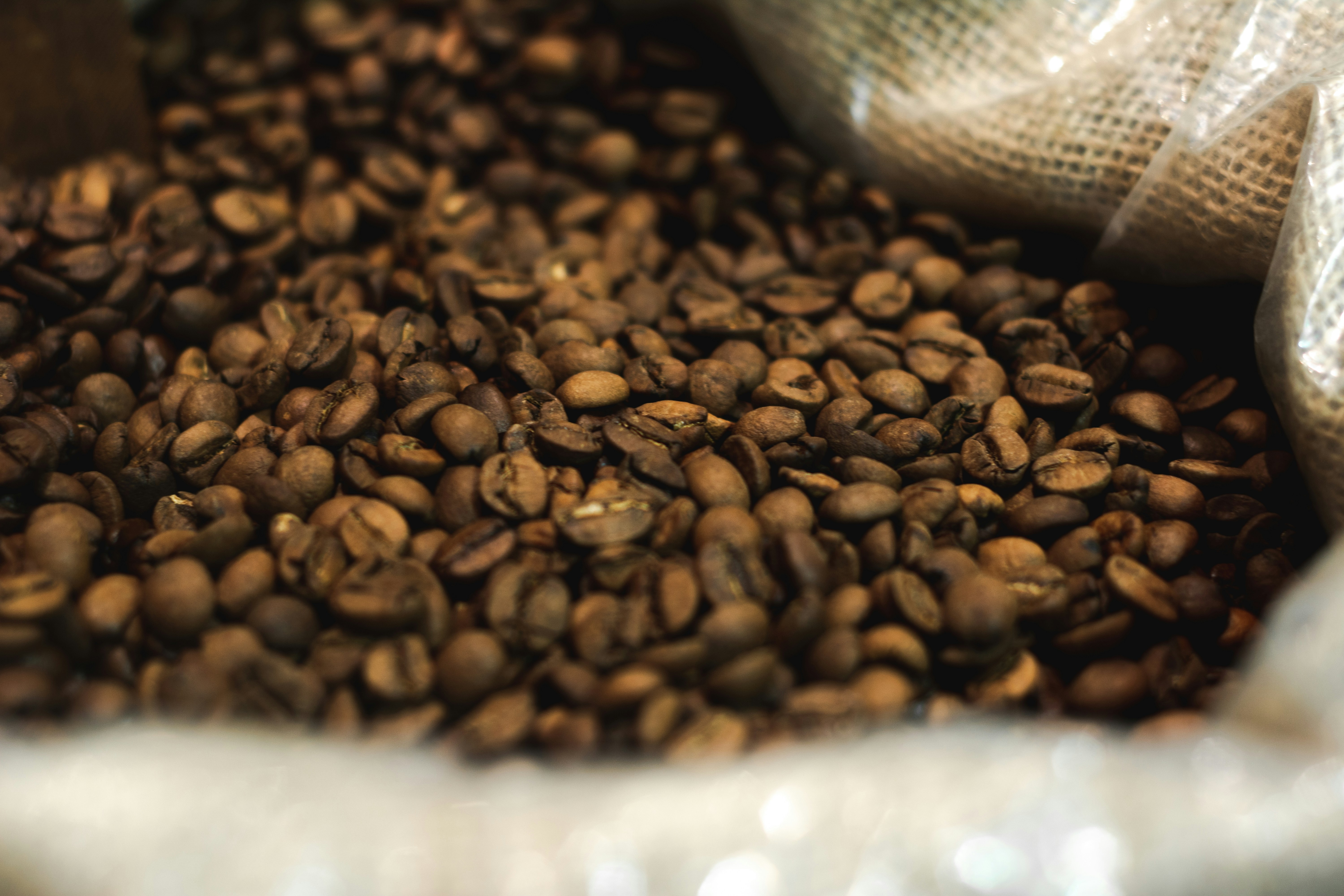 Close-up of roasted coffee beans spilling from a burlap sack.