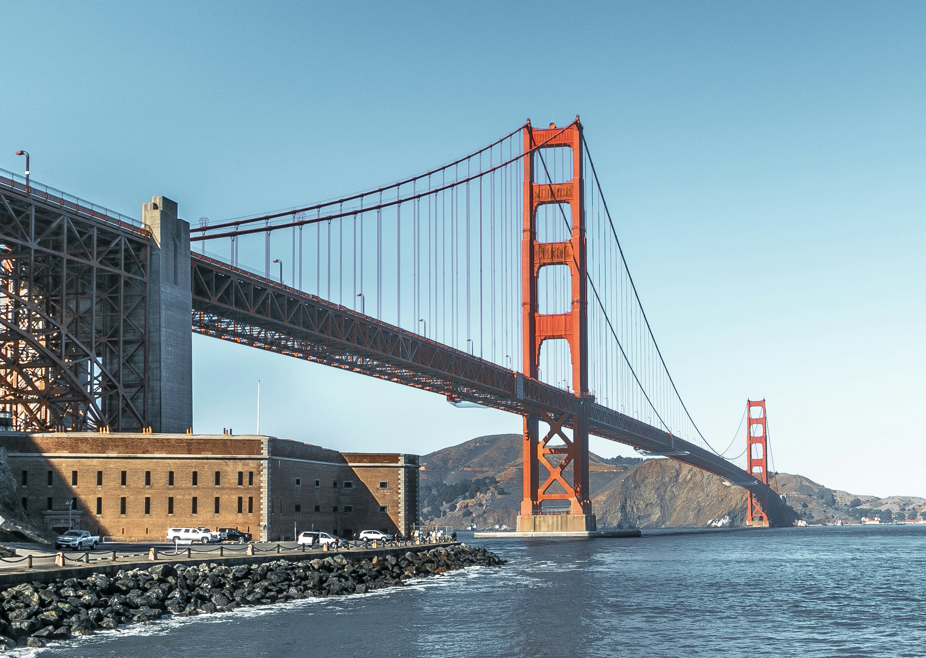 Red Span over the Bay: Golden Gate Bridge Framed by Fort Point