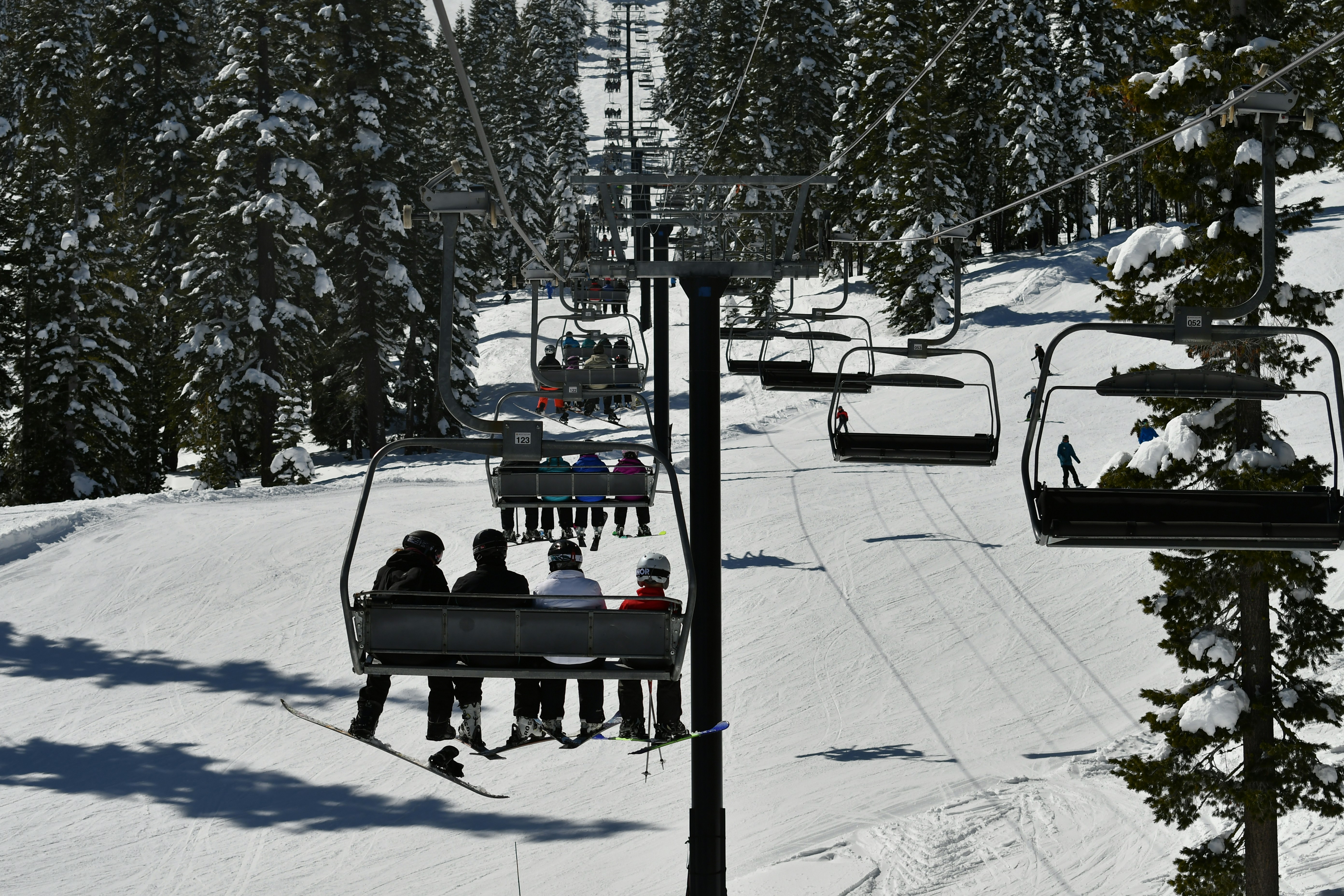 Skiers on a chairlift glide over a snow-covered landscape lined with tall evergreens.