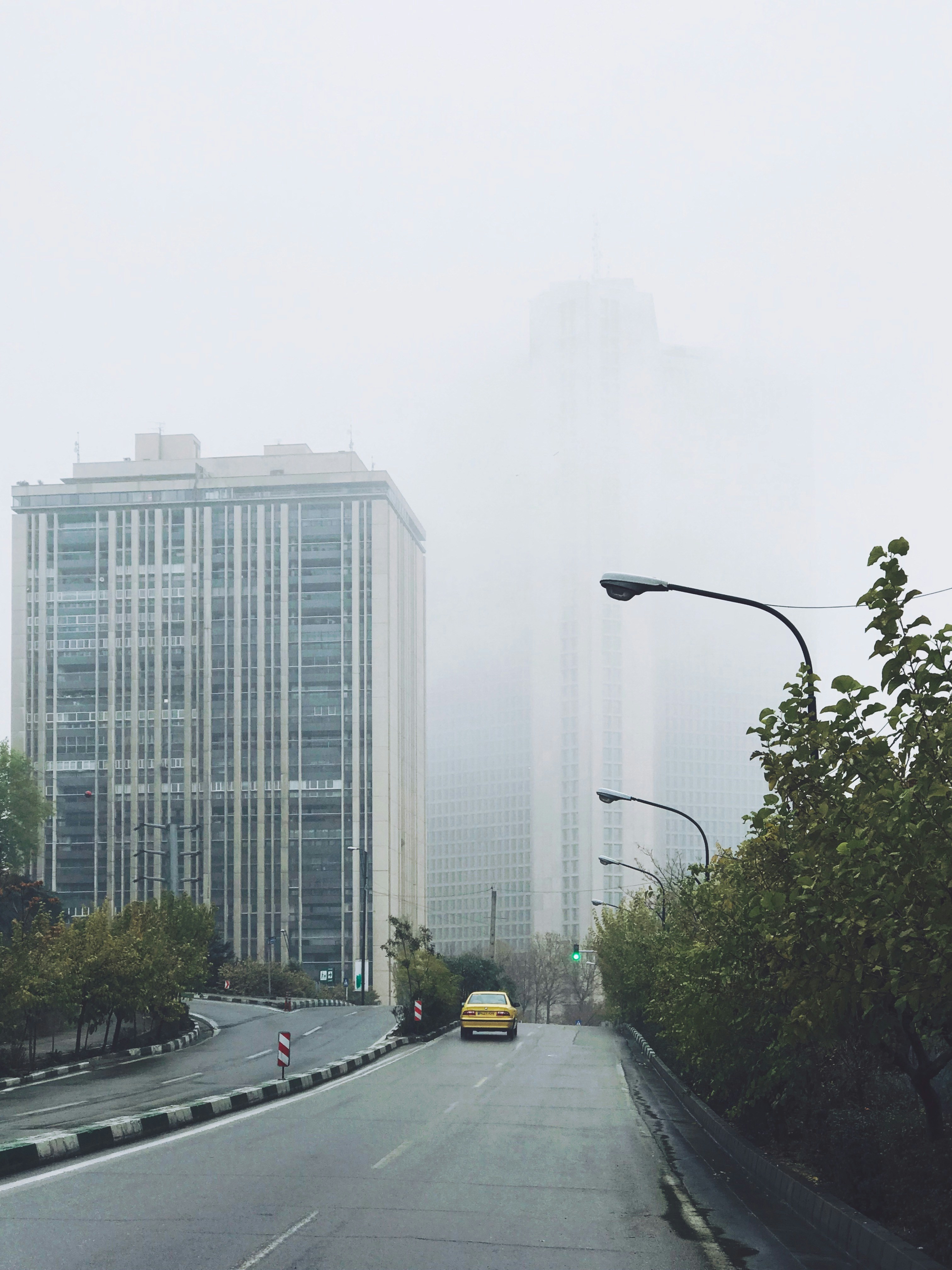 Veiled Cityline: A Yellow Taxi Traverses a Fog-Hushed Boulevard