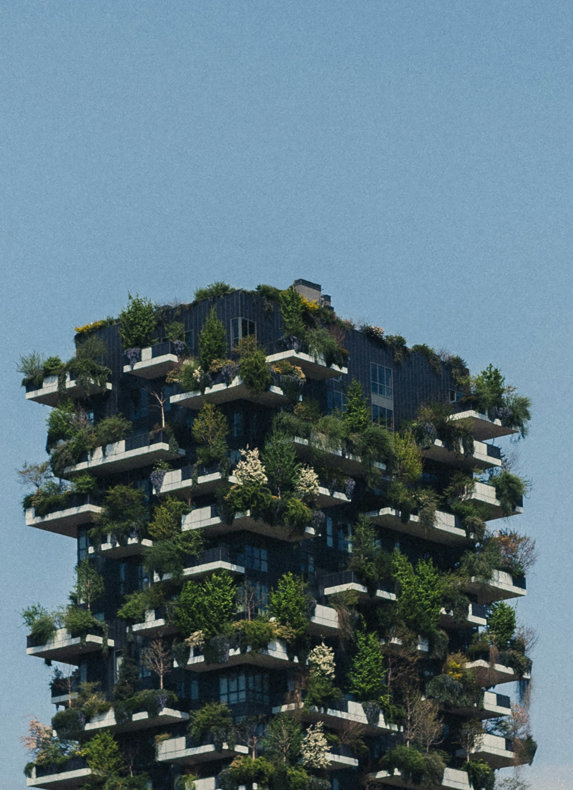 Innovative building design featuring multiple terraces adorned with lush greenery, showcasing a harmonious blend of nature and modern architecture.