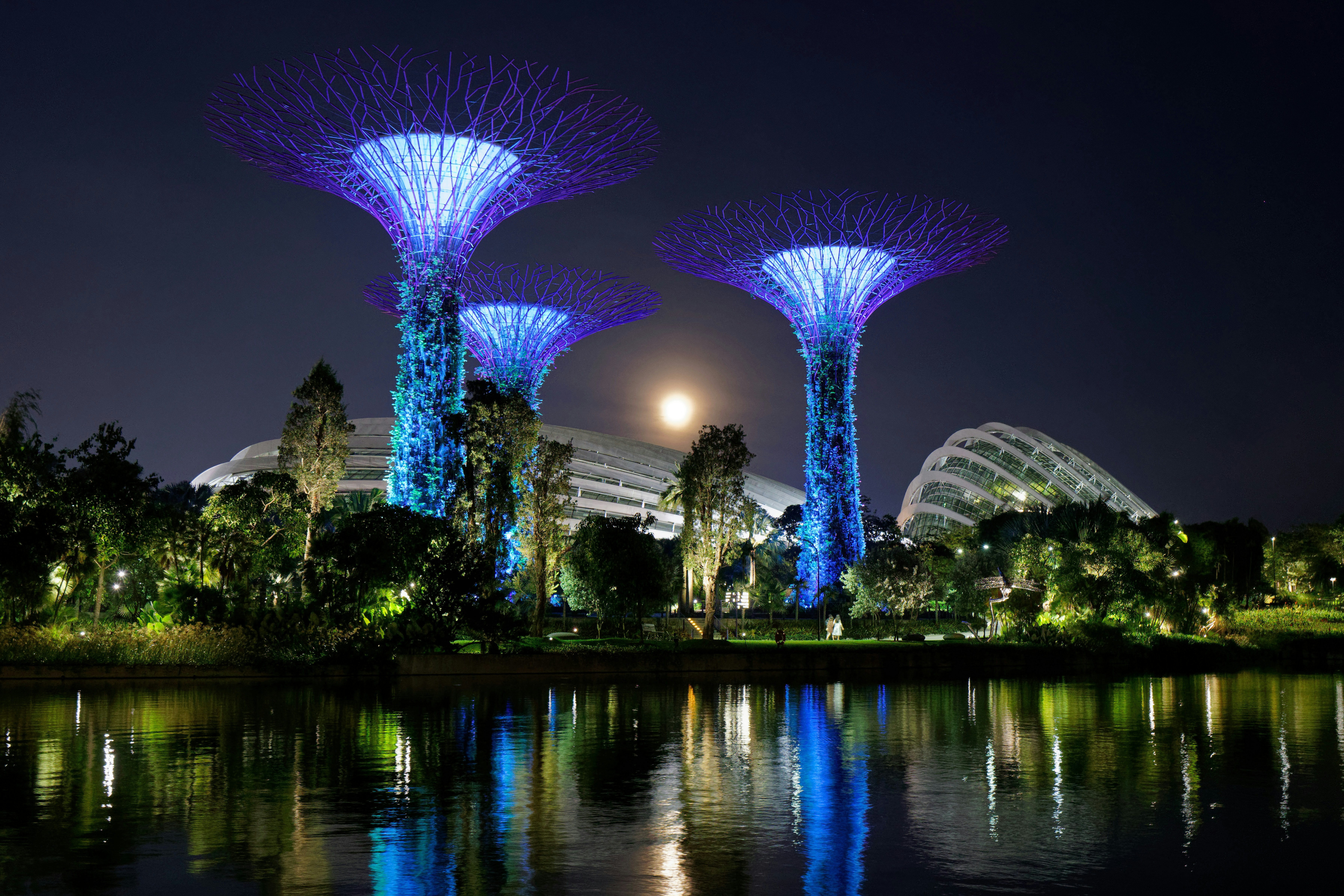 A super moon rising over the Gardens by the Bay in Singapore with the dramatic Super Trees, Flower Dome and Cloud Forest buildings reflected in the Dragonfly Lake. Shot was hand held which only adds to the challenge.