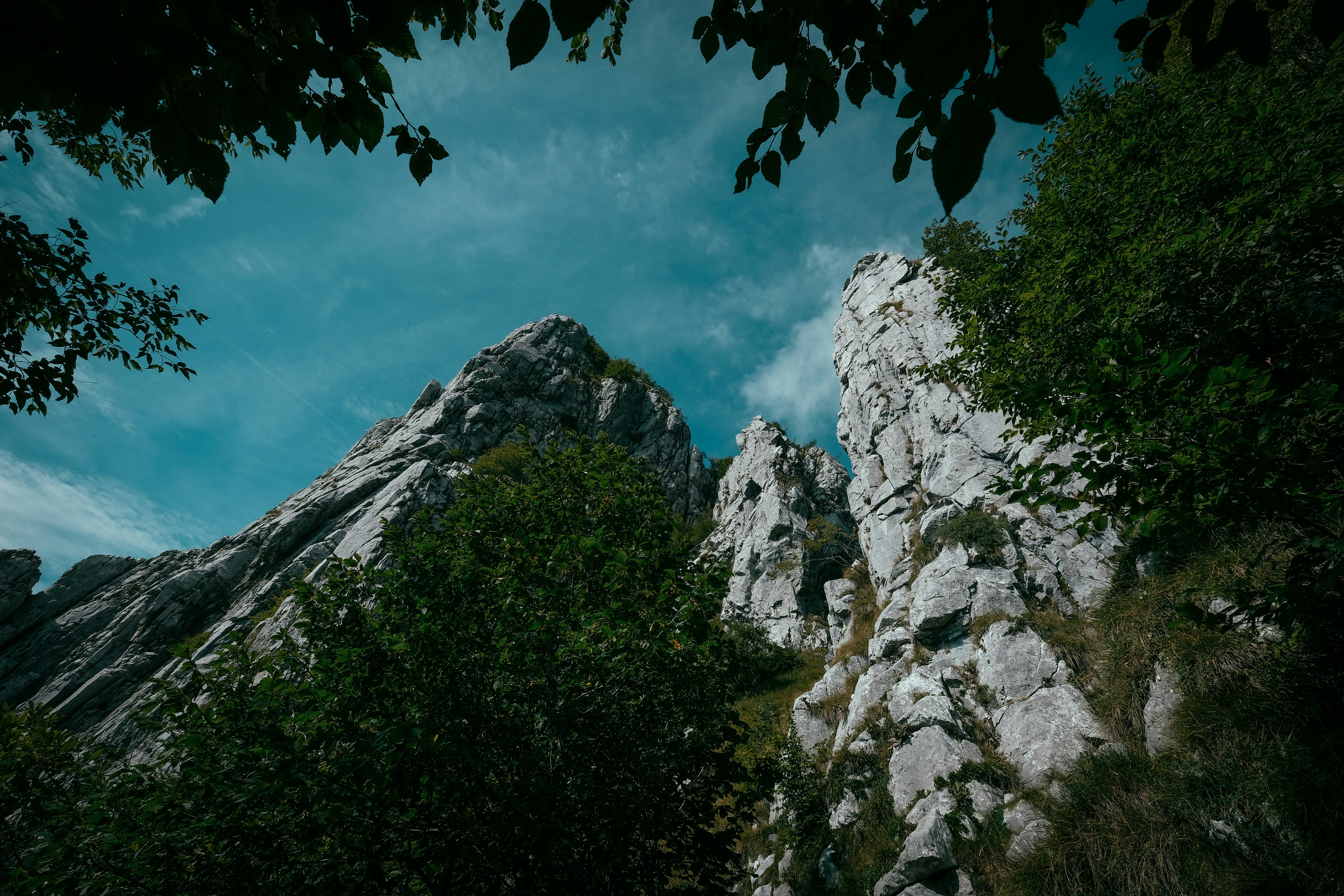 Jagged rock formations rise dramatically against a vibrant sky, framed by lush greenery below. The scene captures the rugged beauty of nature's architecture.