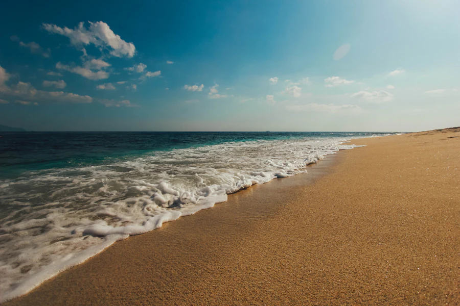 Foamy surf curves along a golden beach under a bright blue sky with scattered clouds. The horizon stretches across the frame, with open water to the left and sand sweeping to the right.