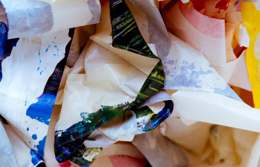 Layered crumpled paper with bright paint streaks in blue, green, red, and yellow. The composition fills the frame with overlapping folds and textured shadows.