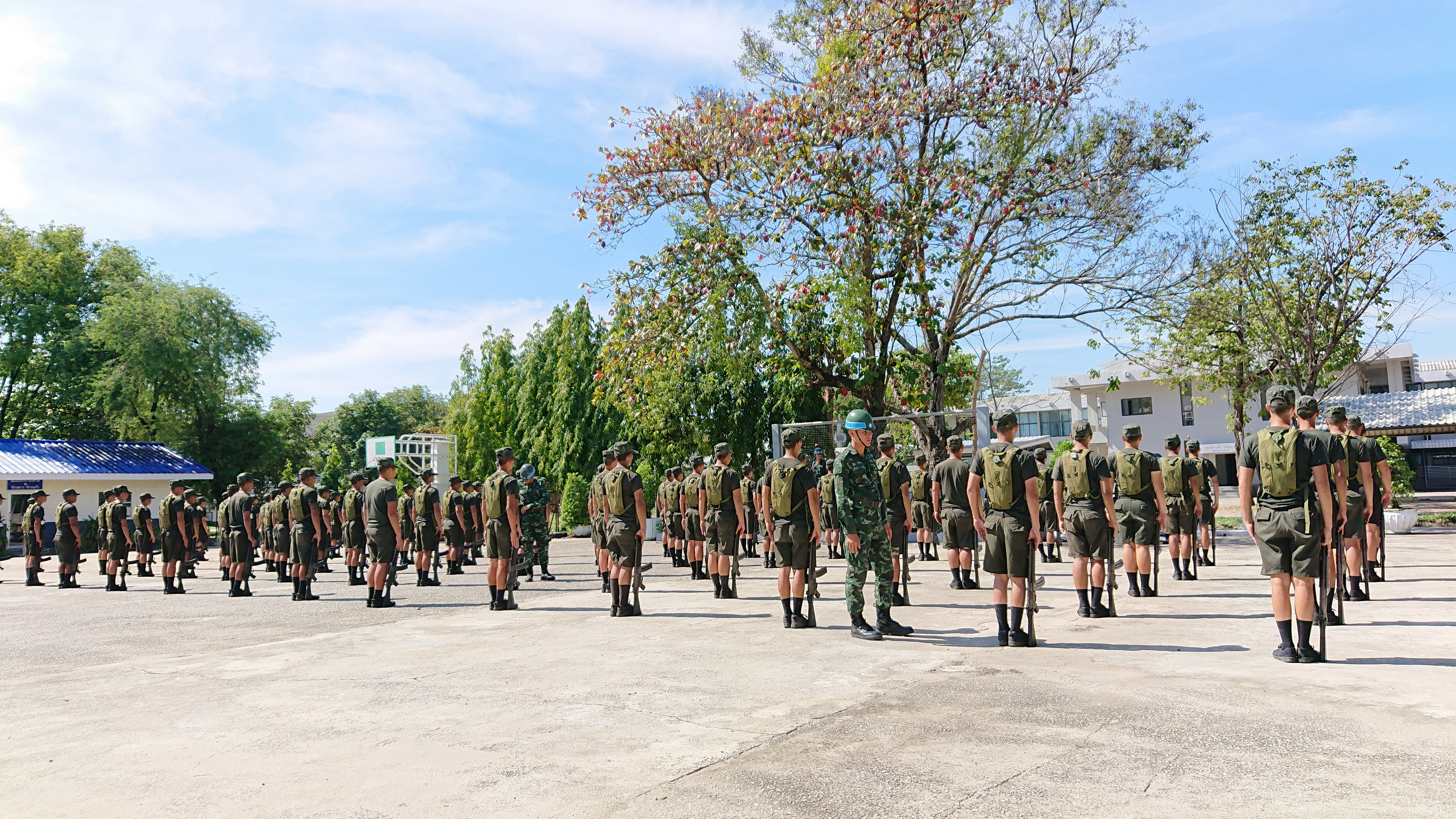 Group of soldiers standing in formation on a concrete surface, surrounded by trees and buildings under a clear blue sky.