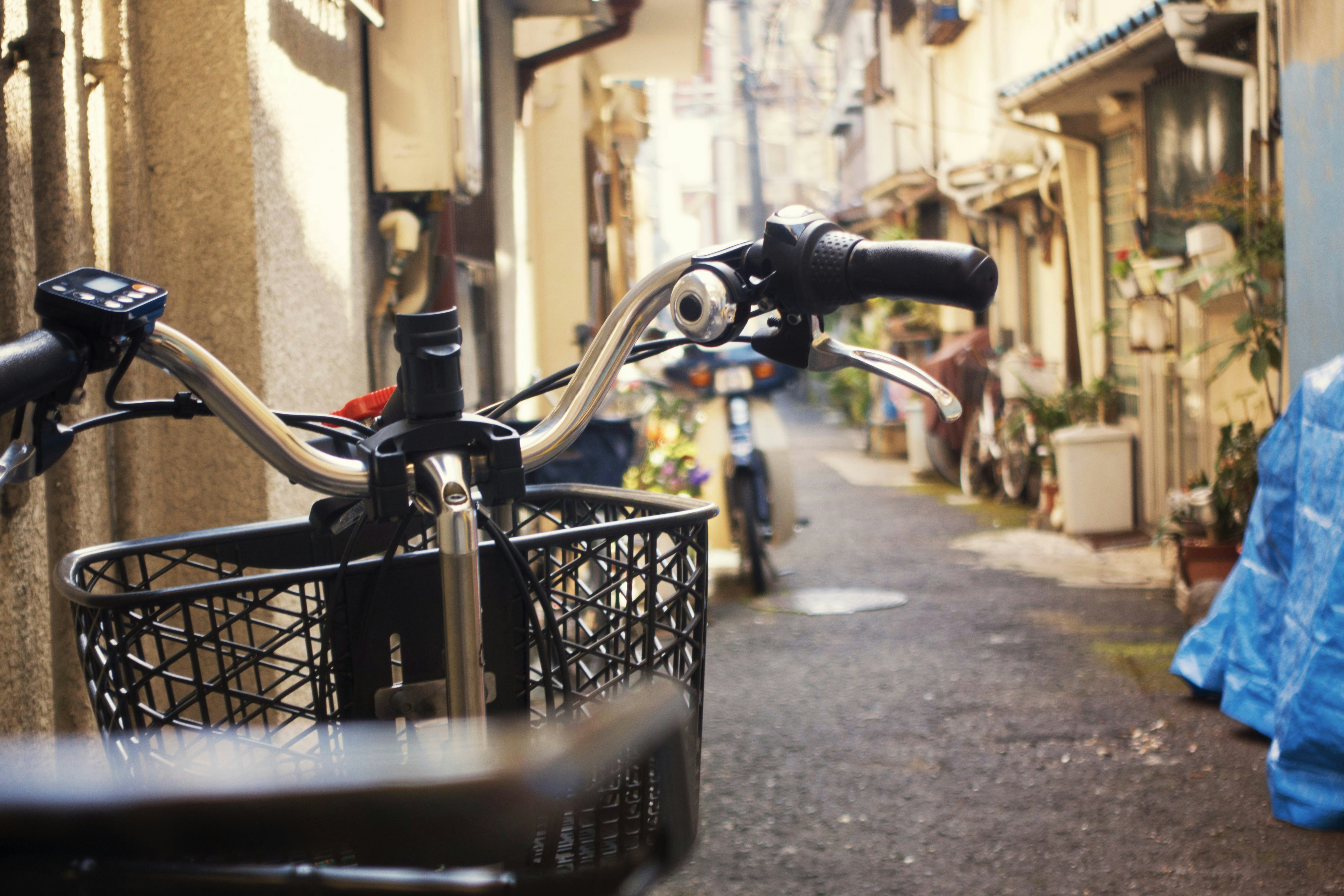 Front Basket in a Quiet Alley: A City Moment Framed by Handlebars