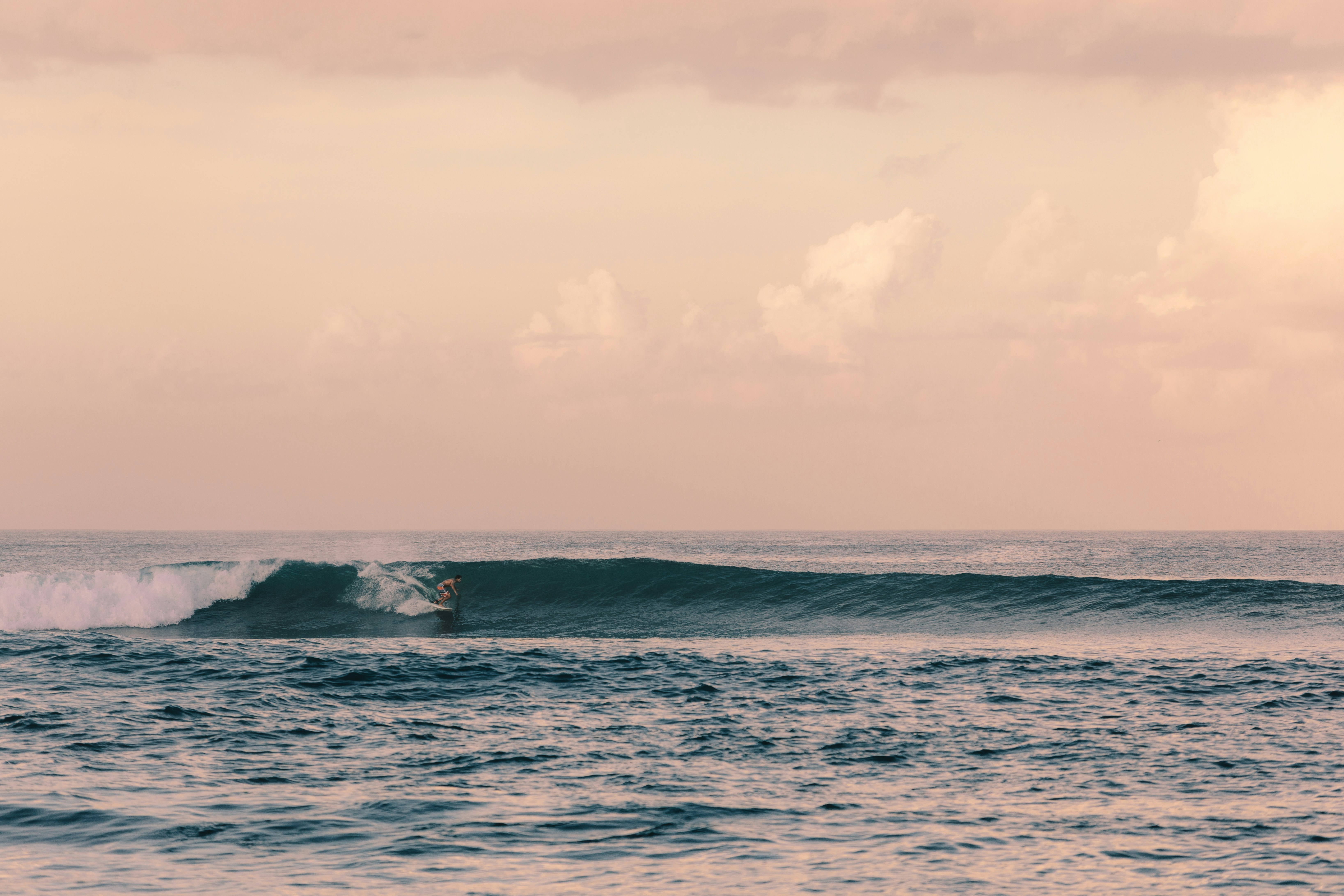 Surfer riding a wave under a pastel sky, capturing the essence of ocean sports at dusk.