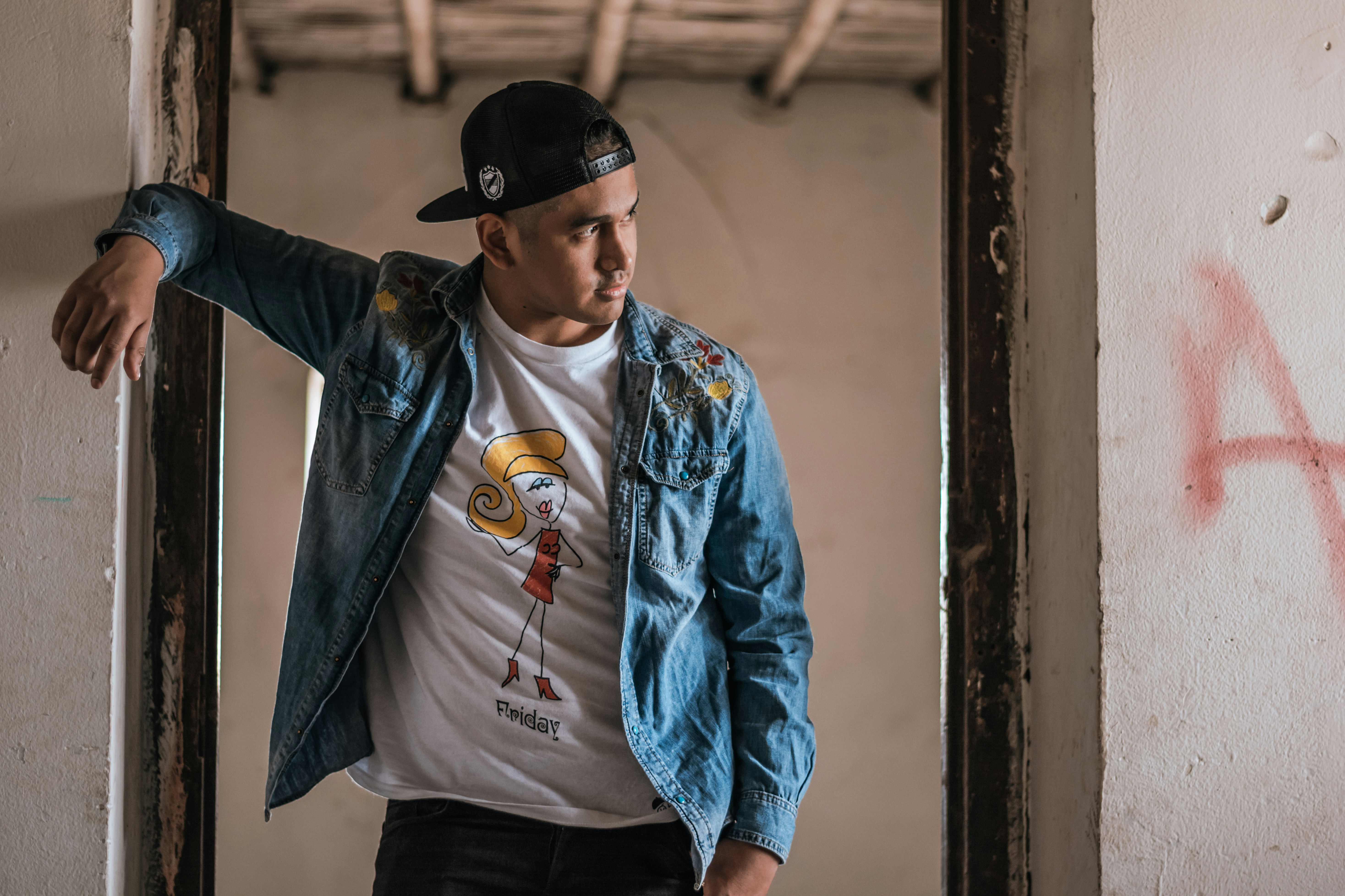 Young man in a denim jacket and graphic tee leans against a doorway, exuding a relaxed urban style. The background features rustic textures and subtle graffiti.