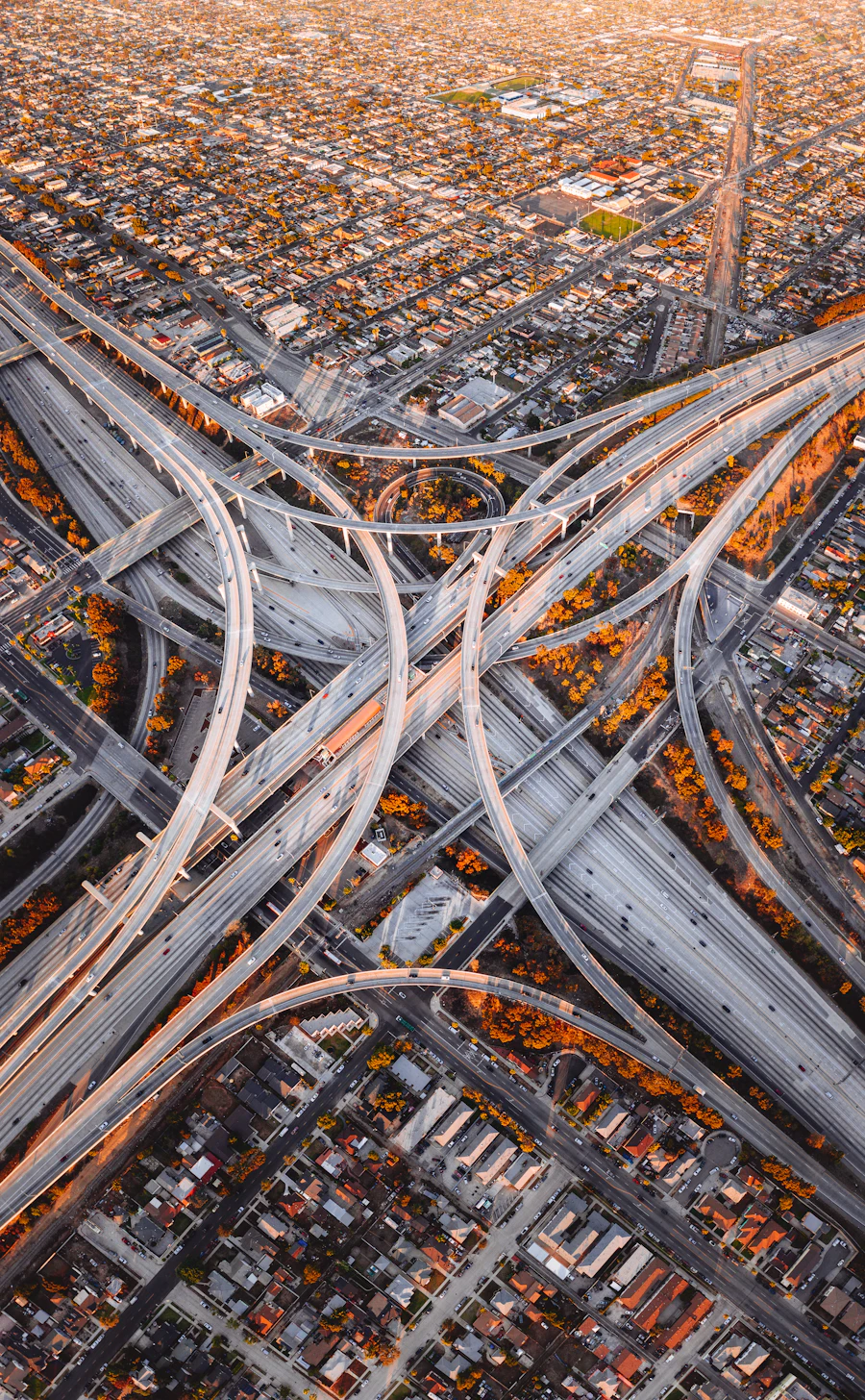 High-angle aerial view of a sprawling freeway interchange crossing over a dense city grid at golden hour. Curving ramps and parallel lanes form a complex knot above the neighborhood below.