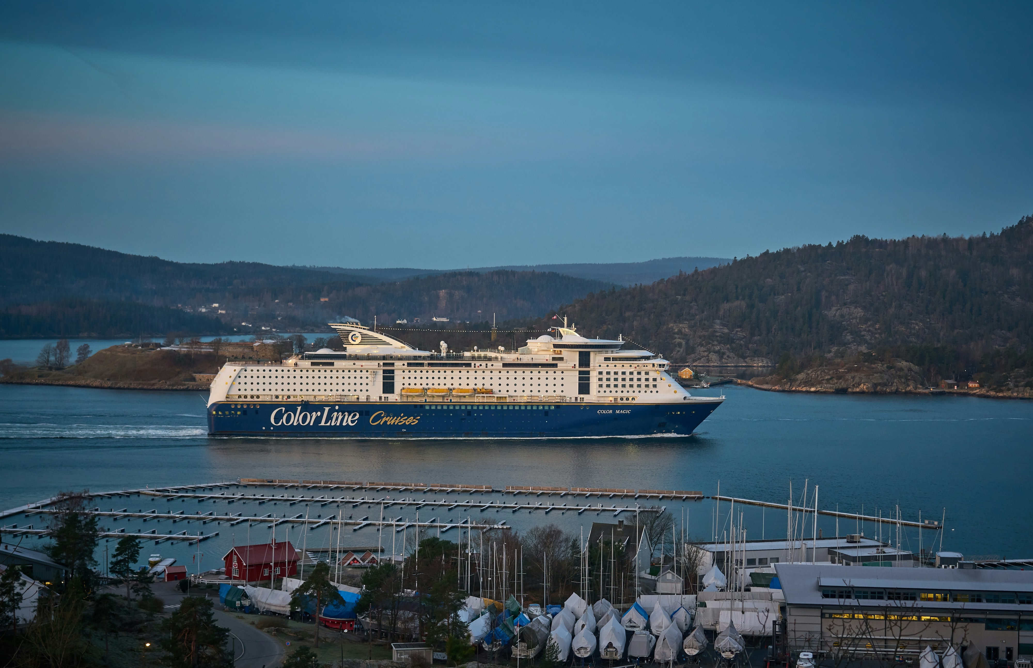 Blue and white cruise ship passing channel photo – Free Drøbak Image on ...