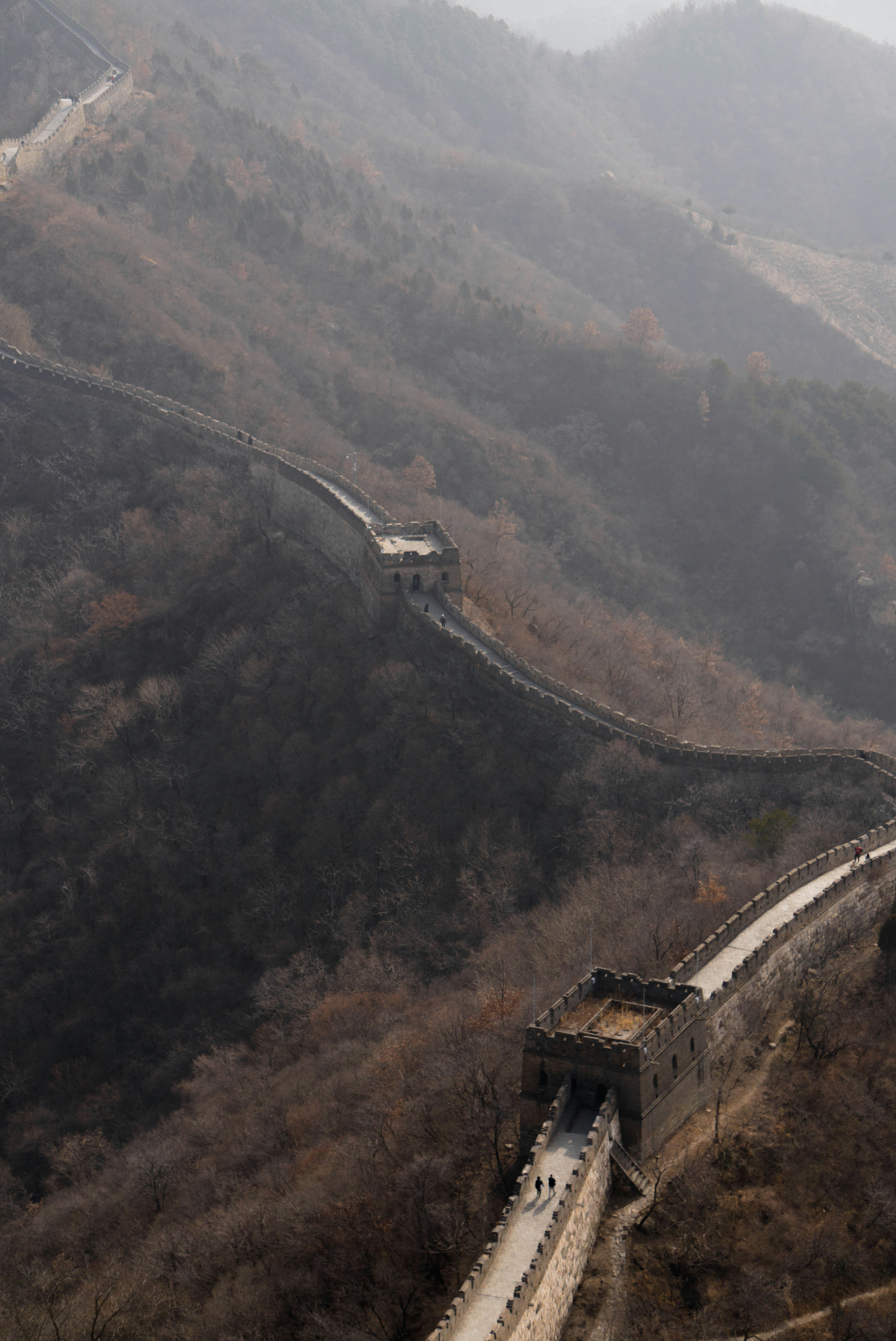 The Great Wall of China winds through a rugged landscape, showcasing its historical significance and architectural grandeur. Towering watchtowers punctuate the ancient structure amidst a backdrop of muted earth tones.