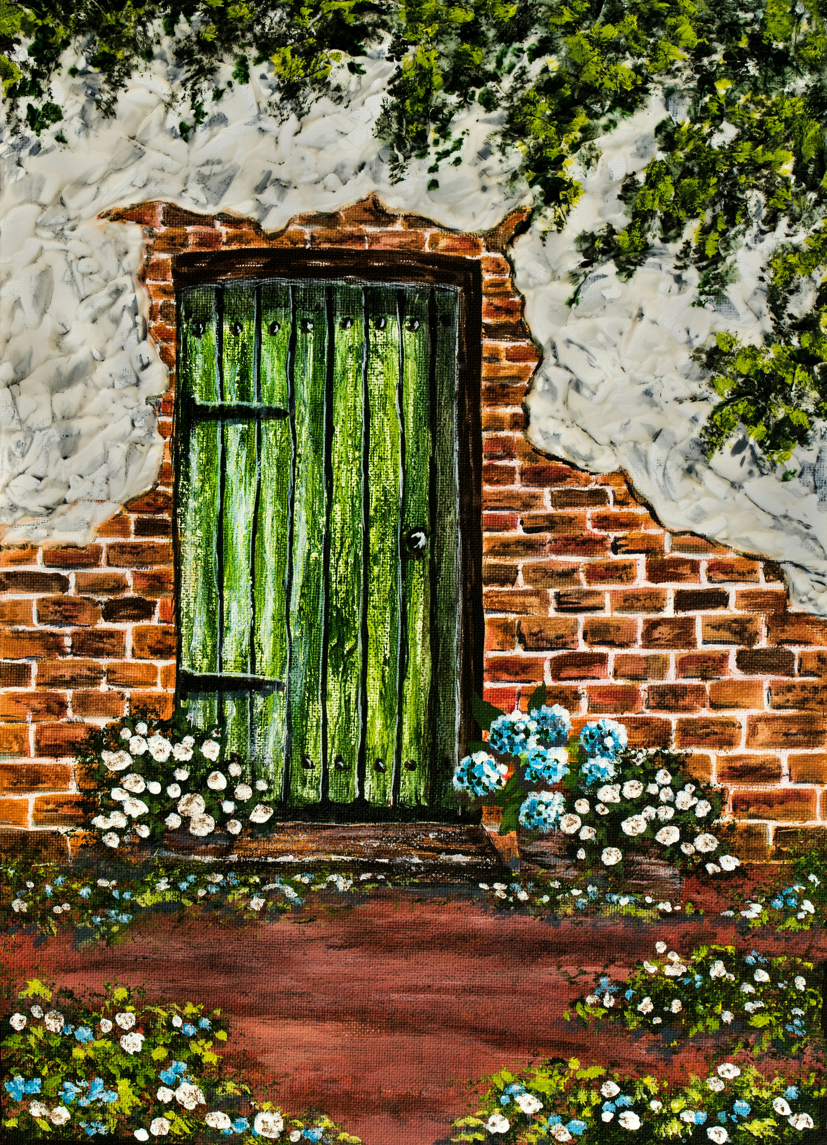 Verdant Doorway in a Brick Alcove, Framed by Ivy and Flowers