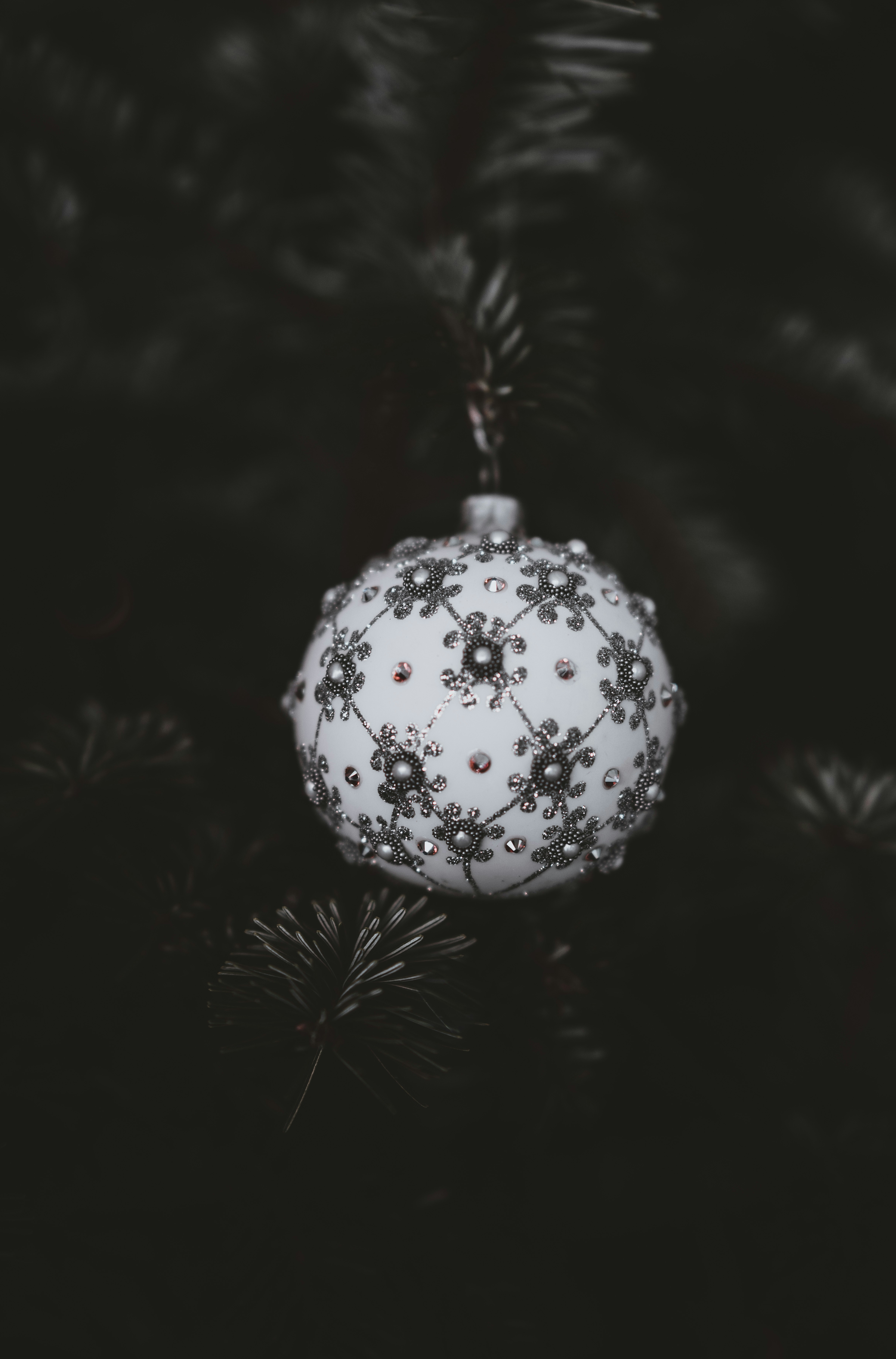 Delicate white ornament adorned with intricate silver and gem designs, suspended against a dark backdrop of evergreen branches.