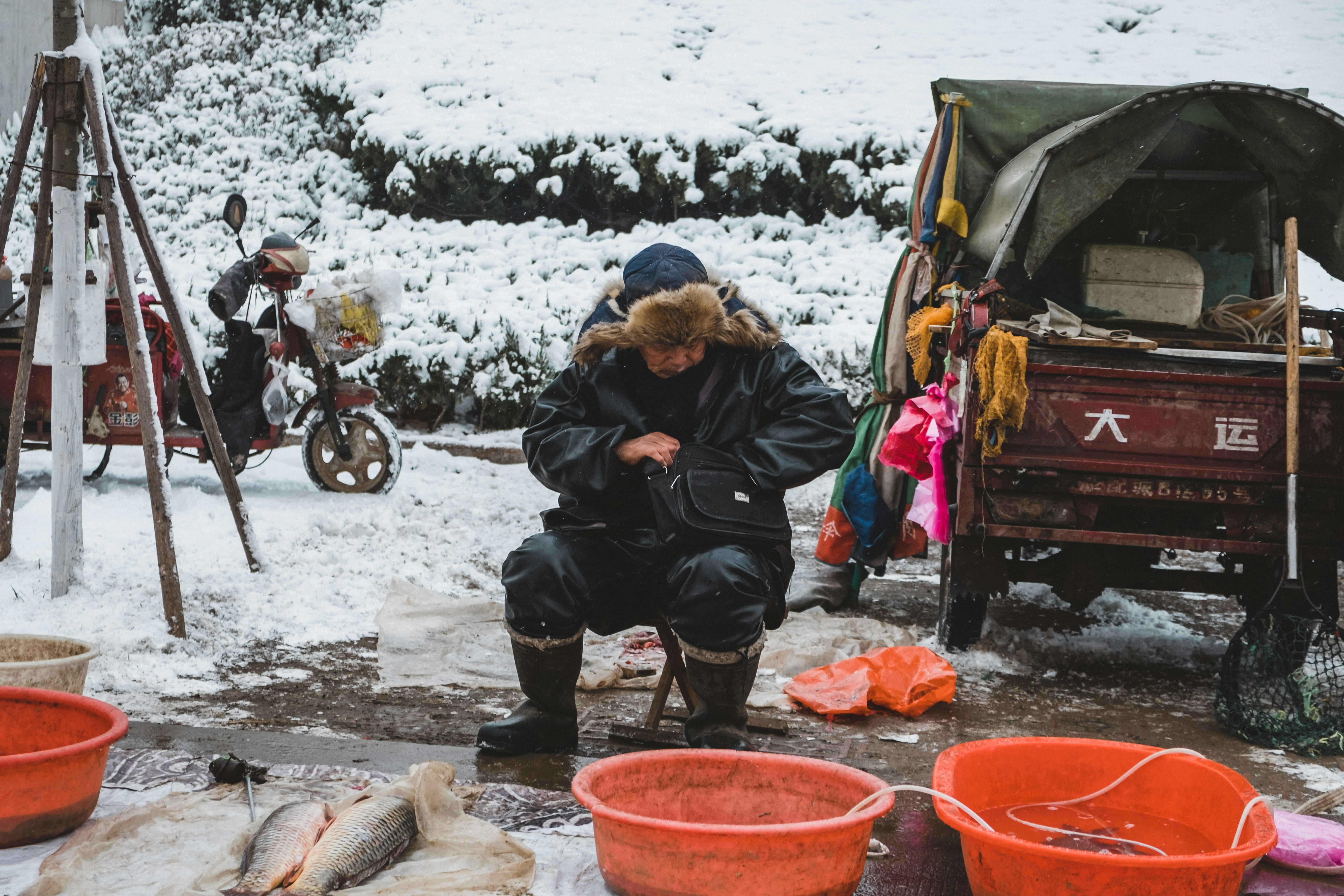 Snowbound Vendor at a Snow-Covered Fish Market