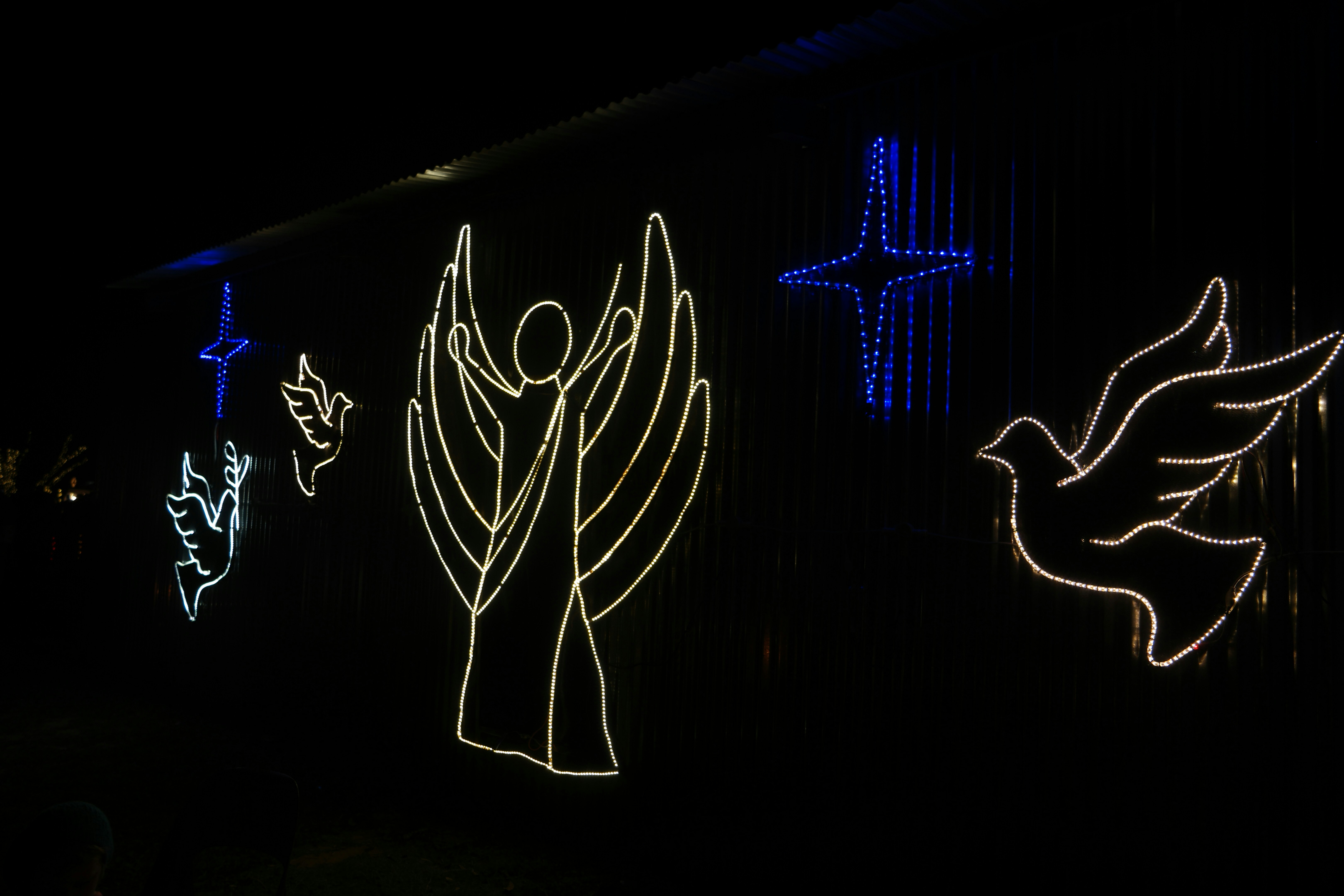 Neon Reverie: A Dark Wall Lit by Angelic Outlines