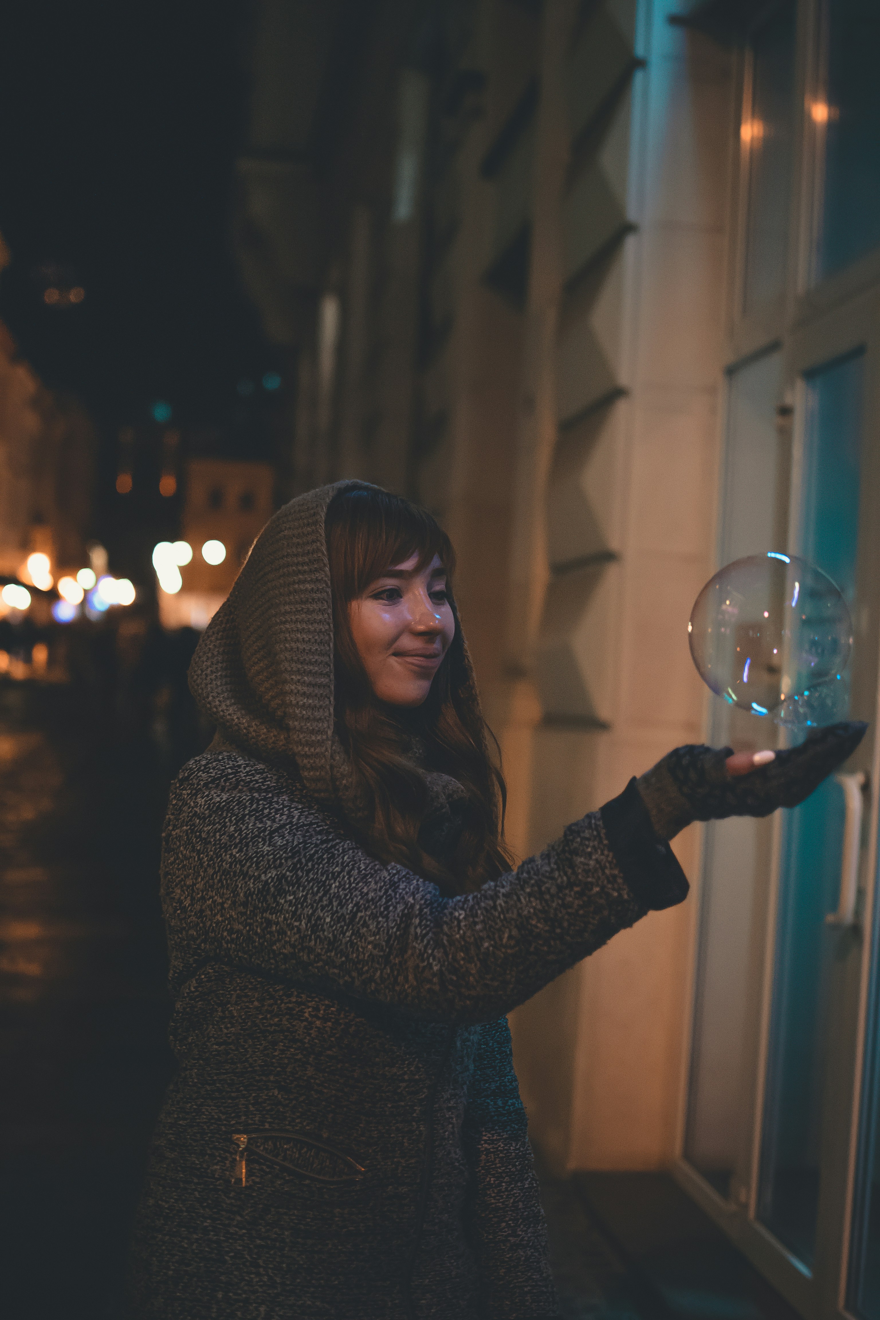 Glow of a Winter Bubble: Woman with a Bubble in Neon Night