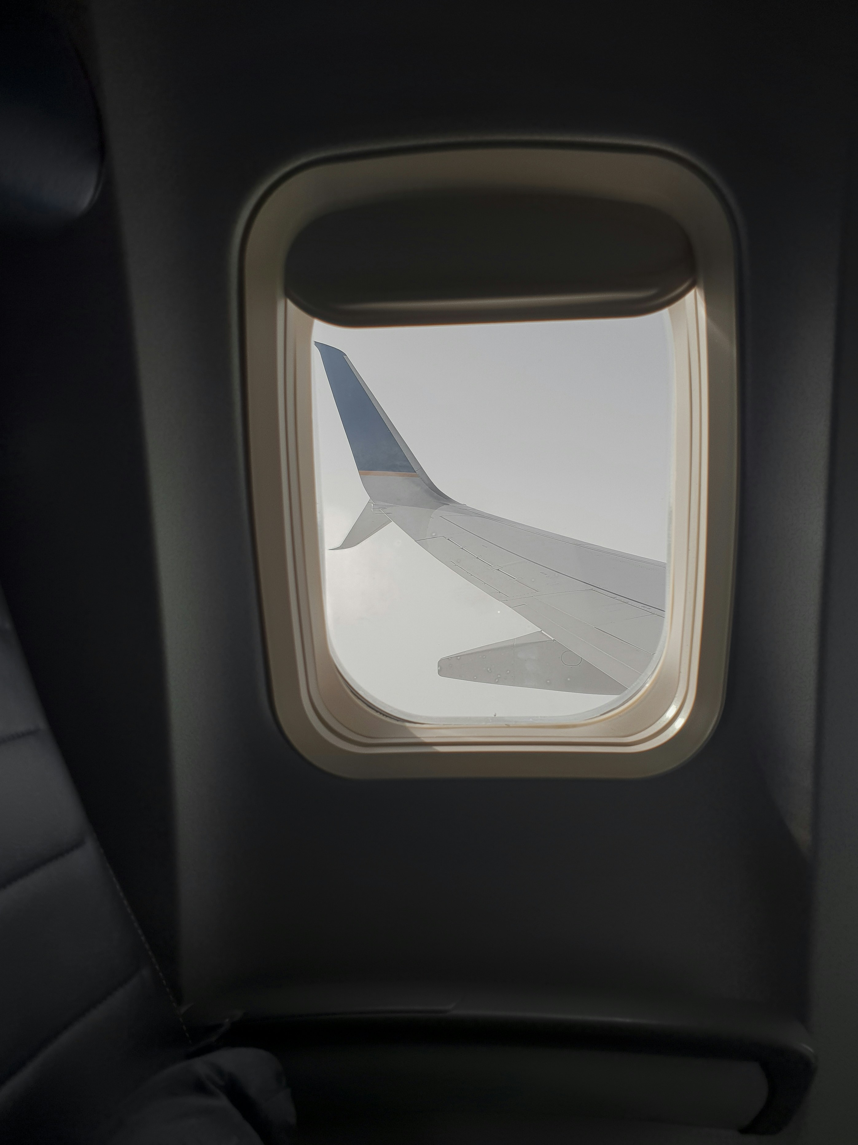 View through an airplane window showcasing the wing against a cloudy sky. The sleek design of the wing contrasts with the soft hues of the atmosphere.