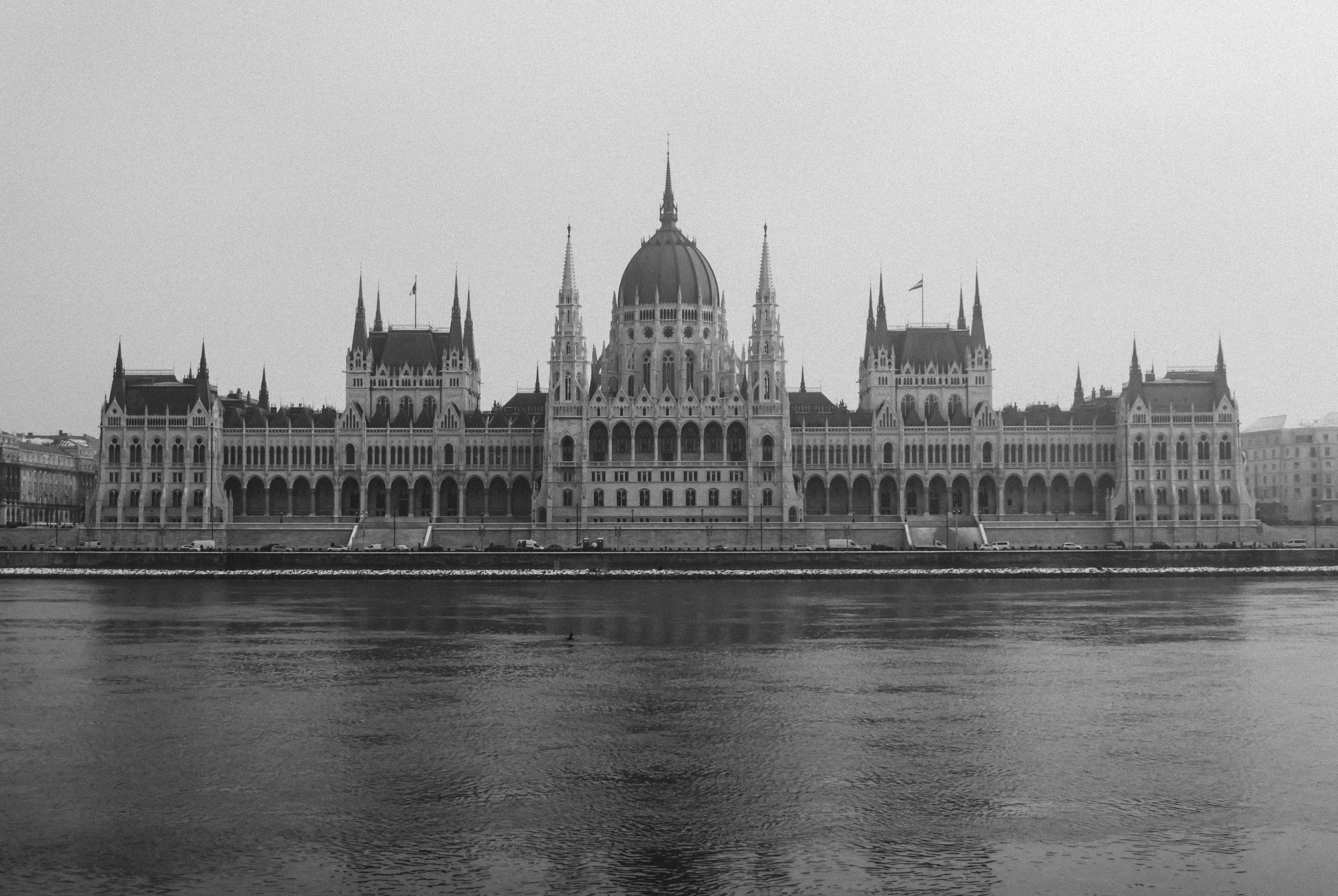 Monochrome Majesty Over the Danube: Budapest Parliament's Central Dome