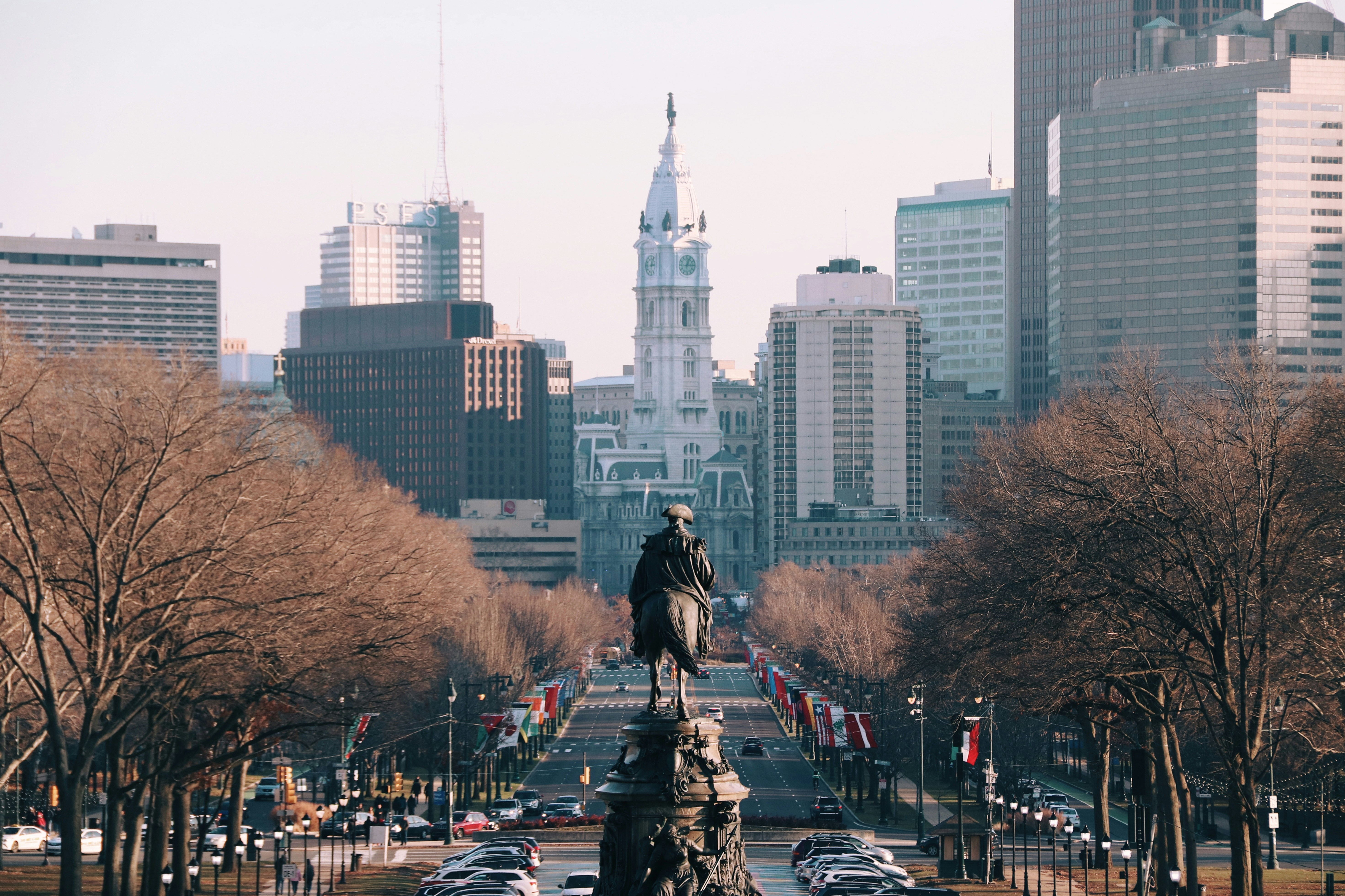 Stone Sentinel on the City Axis: Pedestal, Trees, and Towers