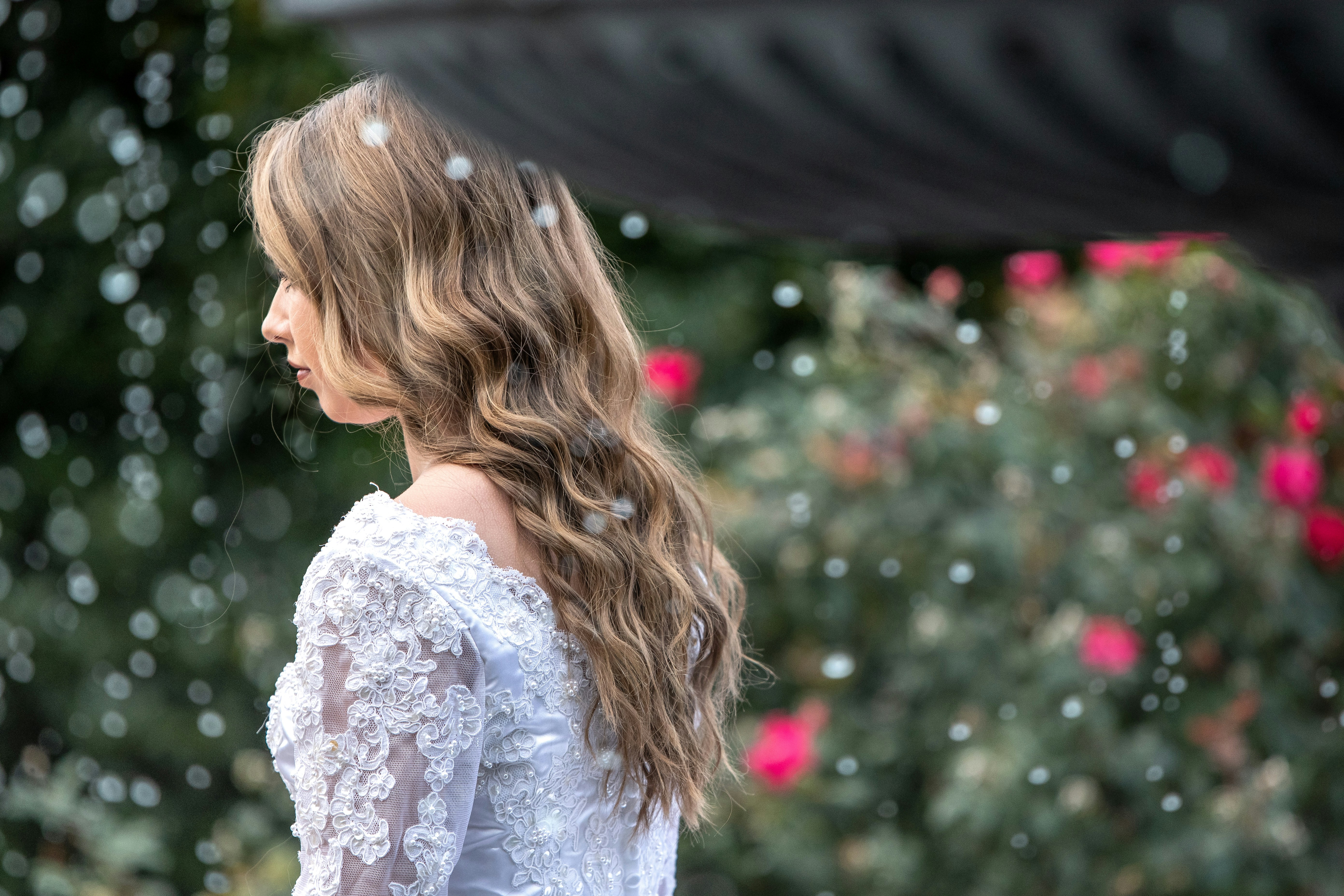 Soft Portrait in Spring Garden with Lace Backdrop