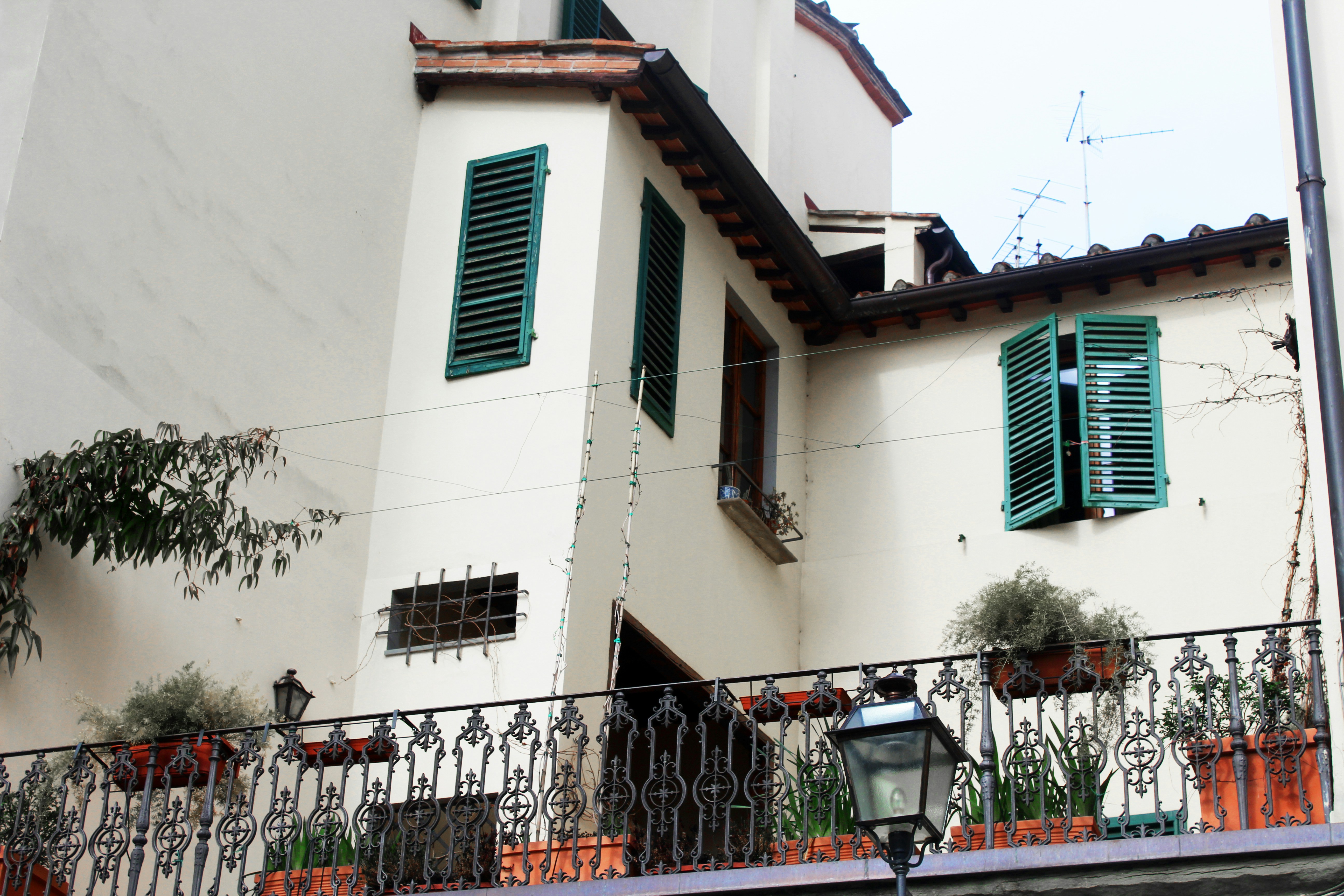 Verdigris Shutters and Ironwork: A Sunlit Facade