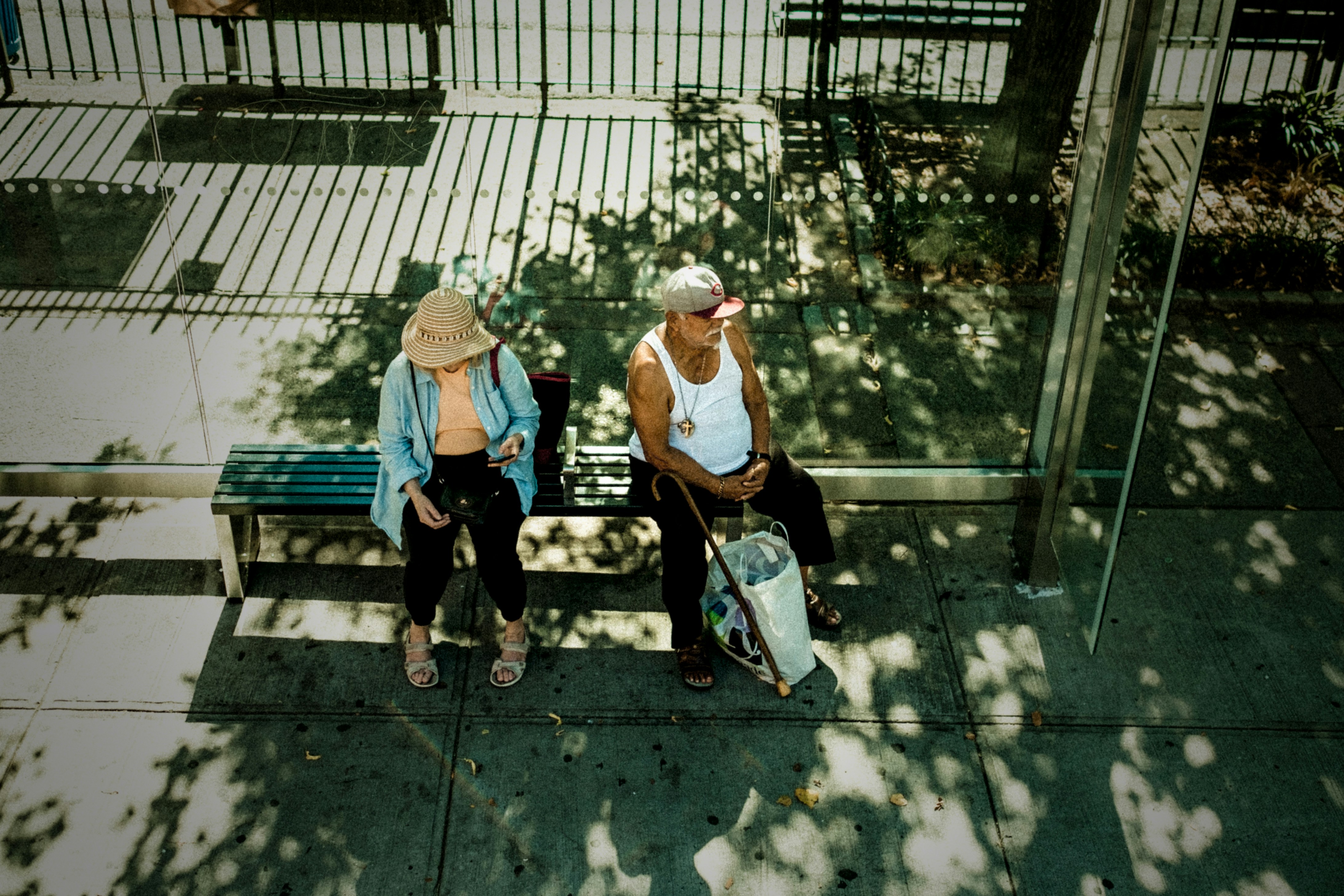 Two elderly women seated at a bus stop, one using a phone while the other relaxes, surrounded by dappled sunlight and shadows.