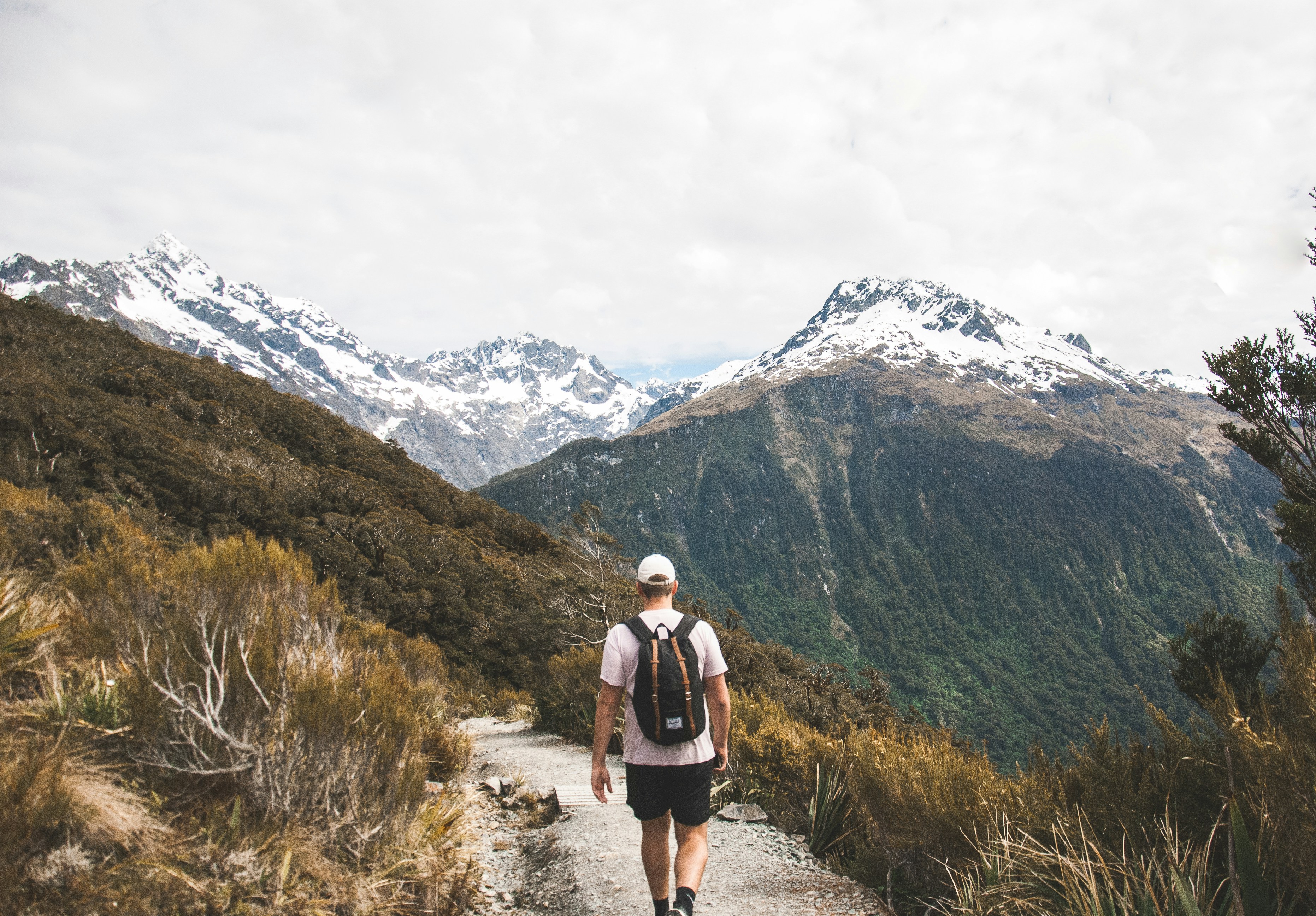 Hiker traversing a winding path amidst towering snow-capped mountains and lush greenery.