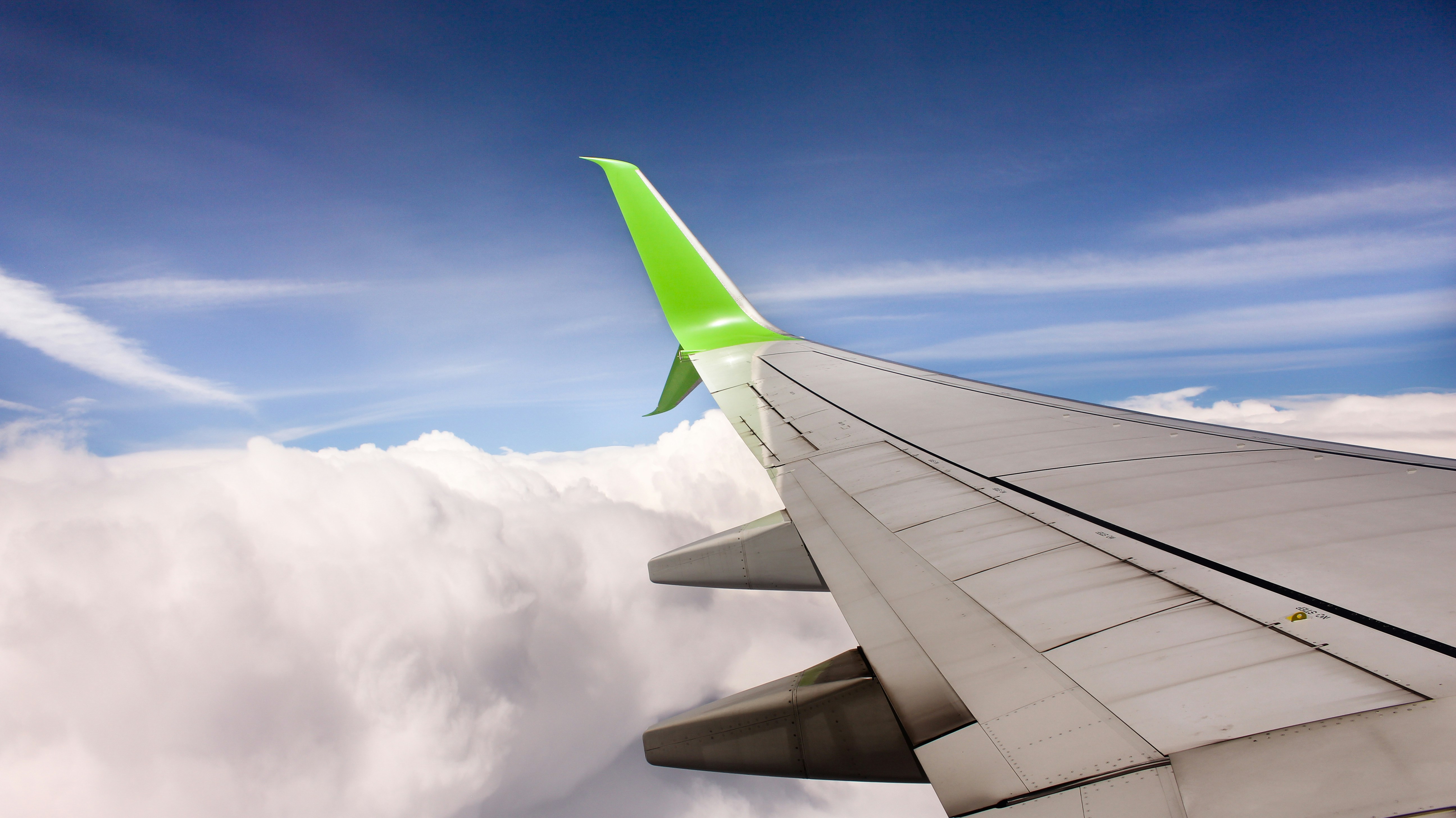 Green-tipped wing slicing through a sea of clouds